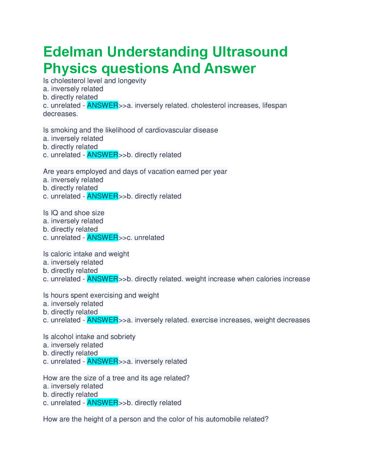 Edelman Understanding Ultrasound Physics questions And Answer | Exams ...