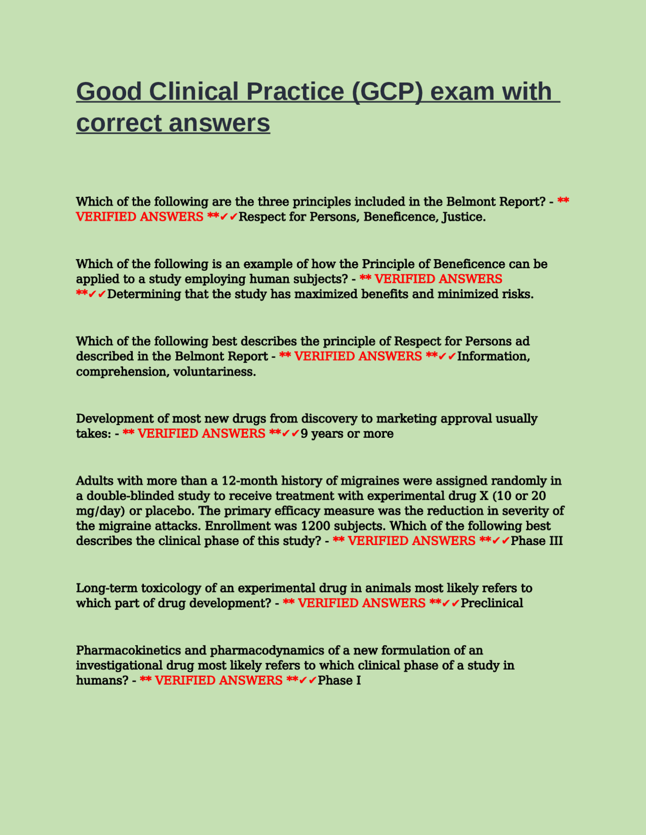 Good Clinical Practice (GCP) exam with correct answers | Exams Clinical ...
