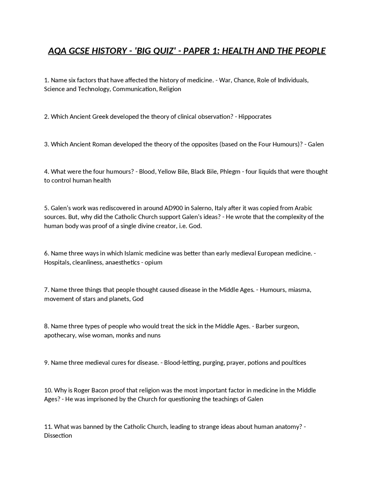 AQA GCSE HISTORY - 'BIG QUIZ' - PAPER 1 HEALTH AND THE PEOPLE | Exams ...
