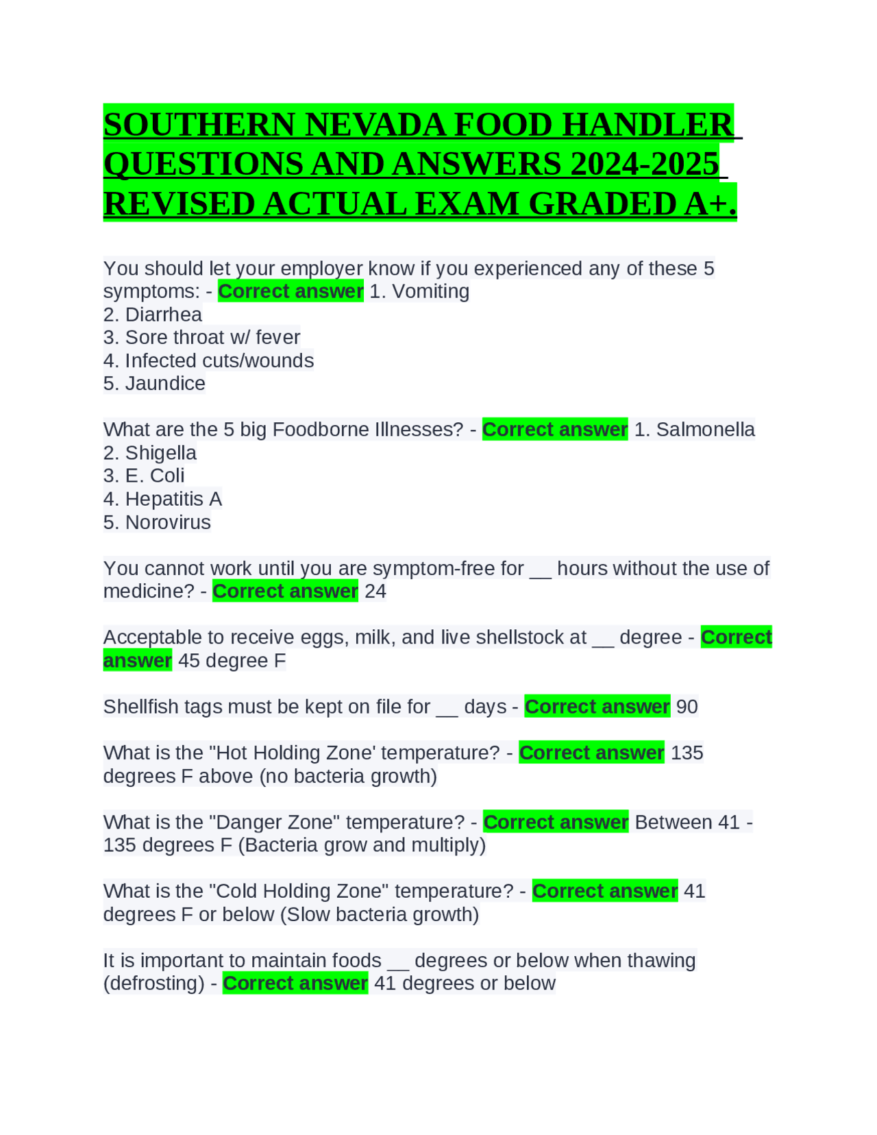 SOUTHERN NEVADA FOOD HANDLER QUESTIONS AND ANSWERS 2024-2025 REVISED ...