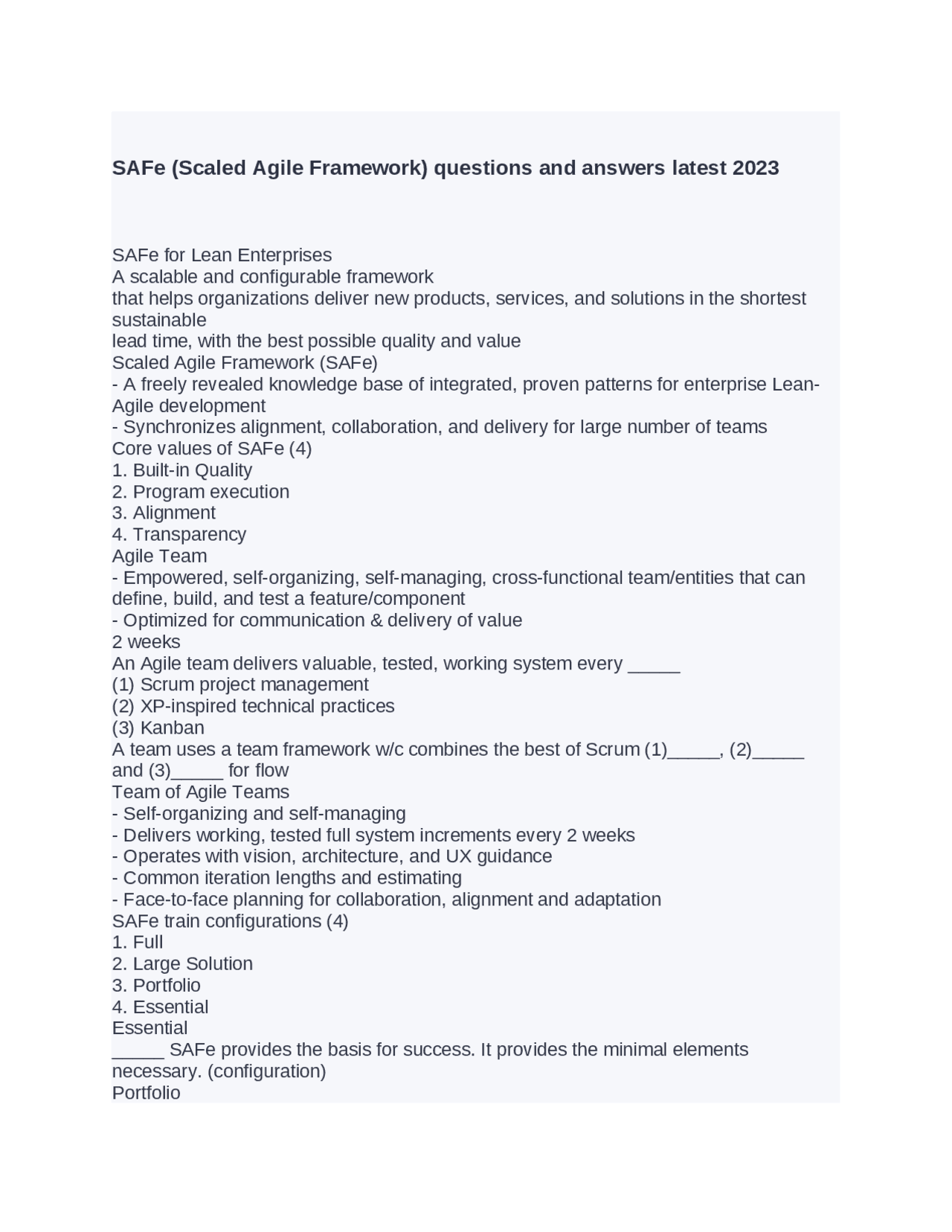 SAFe (Scaled Agile Framework) questions and answers latest 2023.docx ...