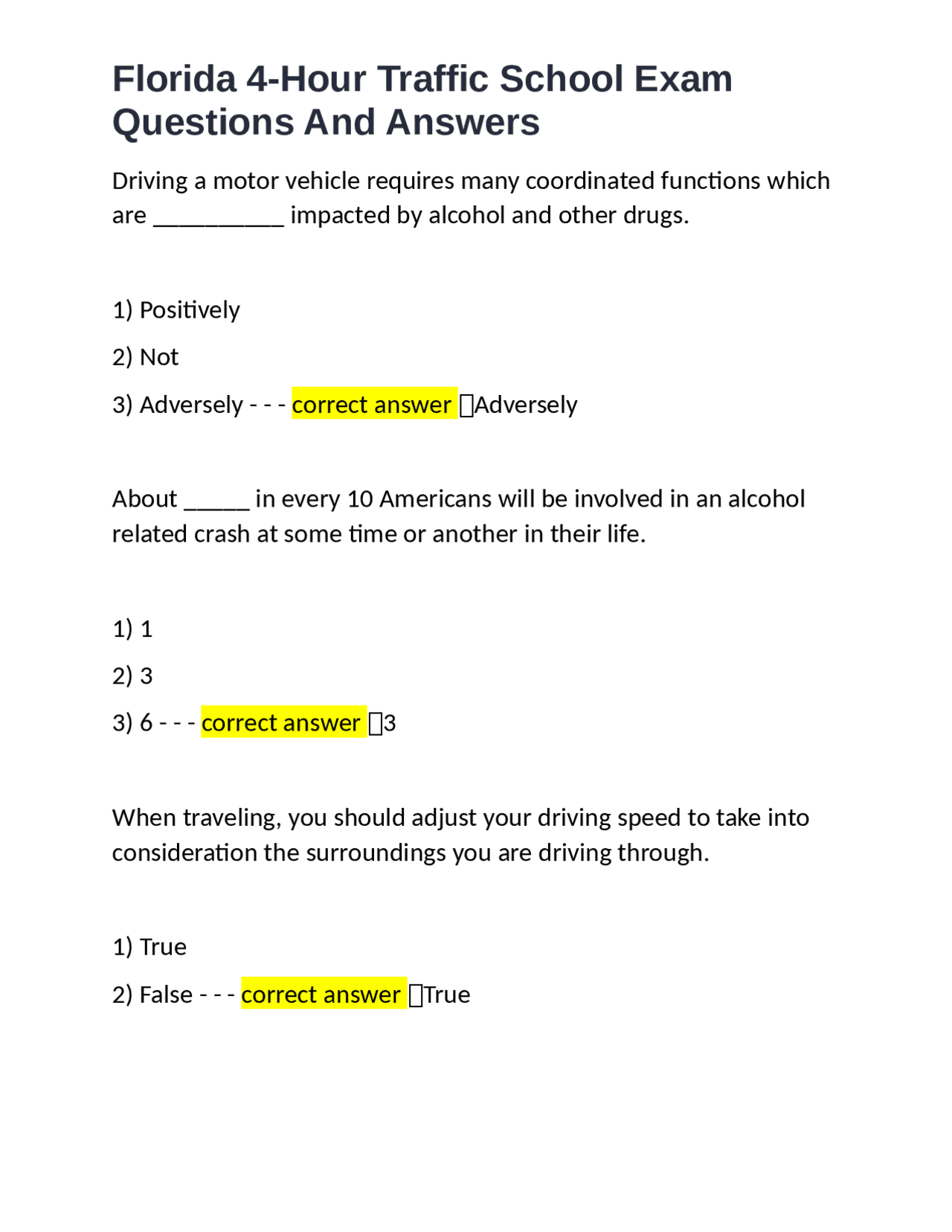 Florida 4-Hour Traffic School Exam Questions And Answers | Exams ...