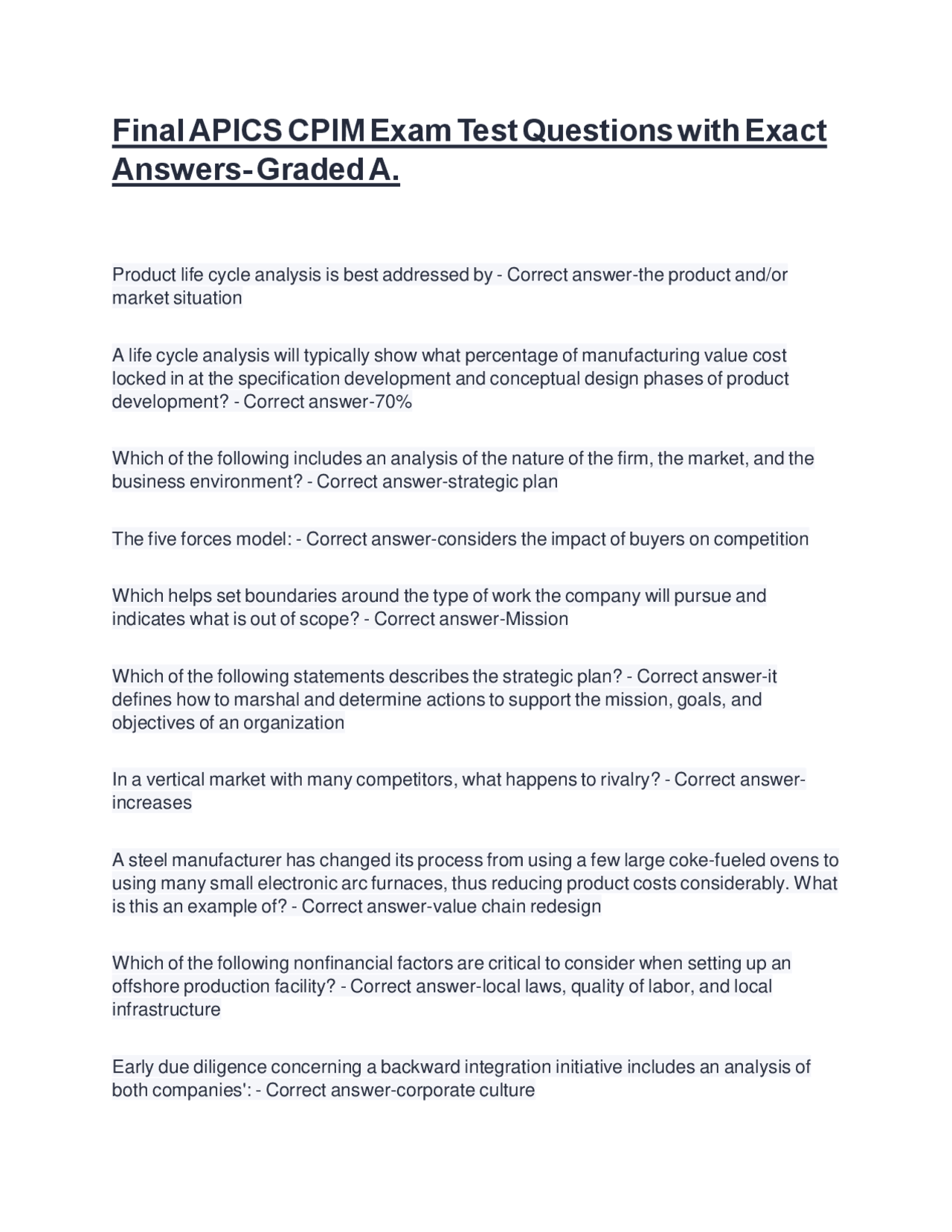 Final APICS CPIM Exam Test Questions with Exact Answers- Graded A ...