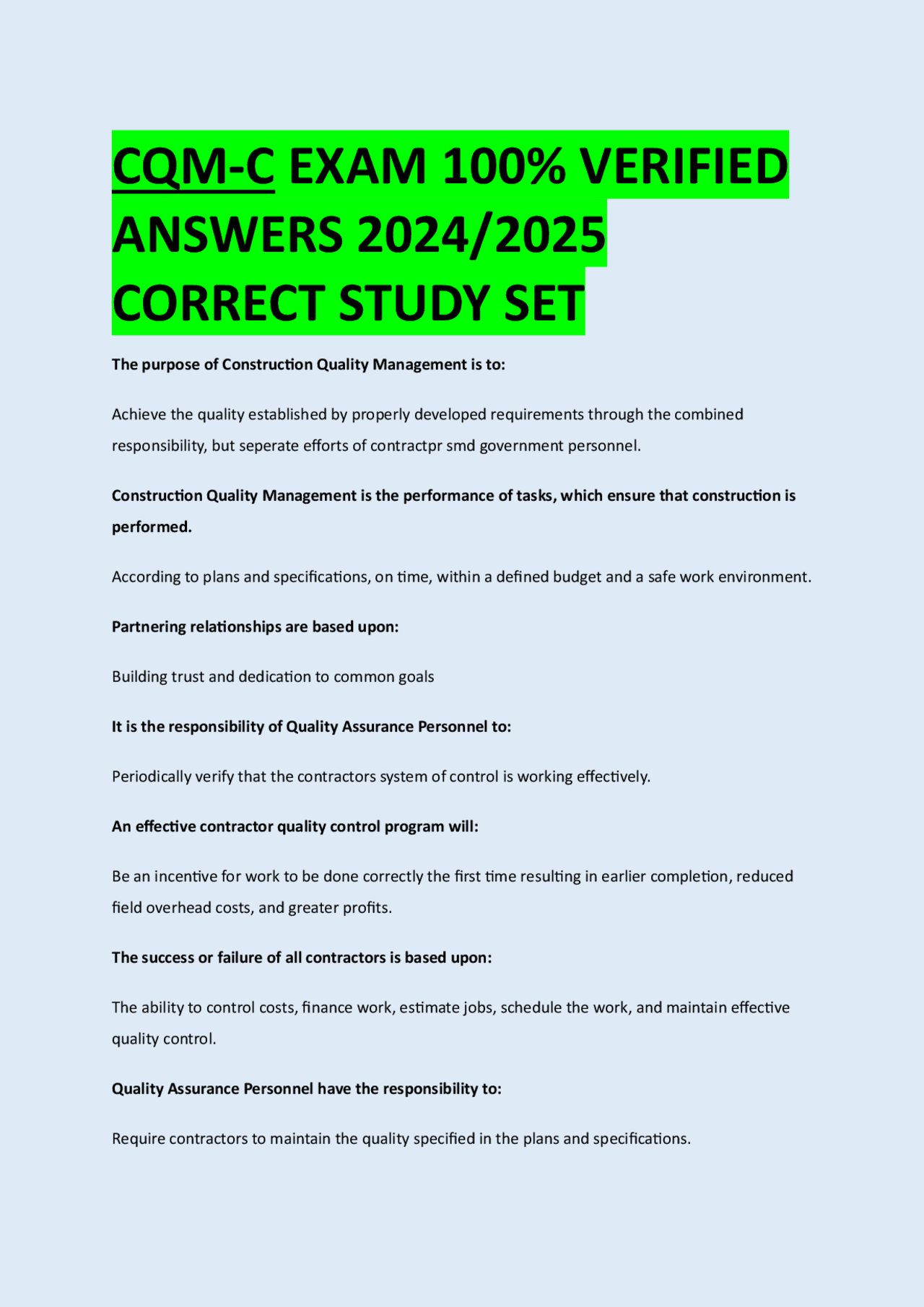 CQM-C EXAM 100% VERIFIED ANSWERS 2024/2025 CORRECT STUDY SET | Exams ...