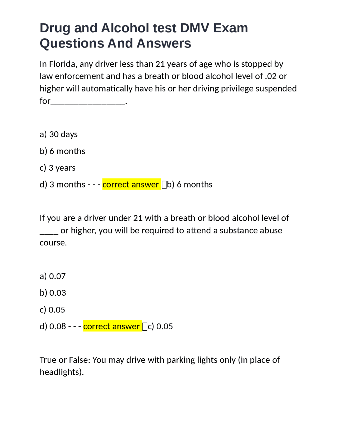 Drug and Alcohol test DMV Exam Questions And Answers | Exams ...