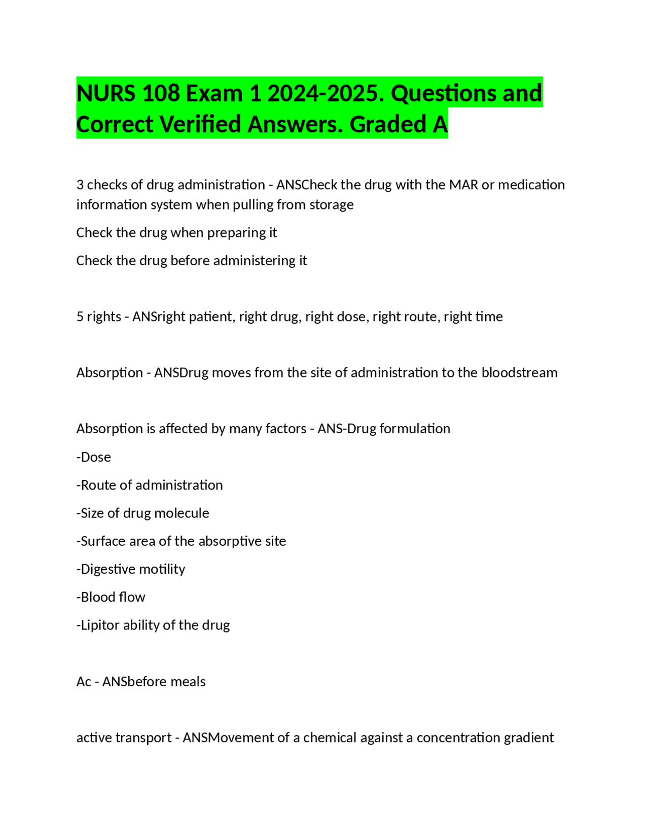 NURS 108 Exam 1 2024-2025. Questions and Correct Verified Answers. Graded A | Exams Nursing ...