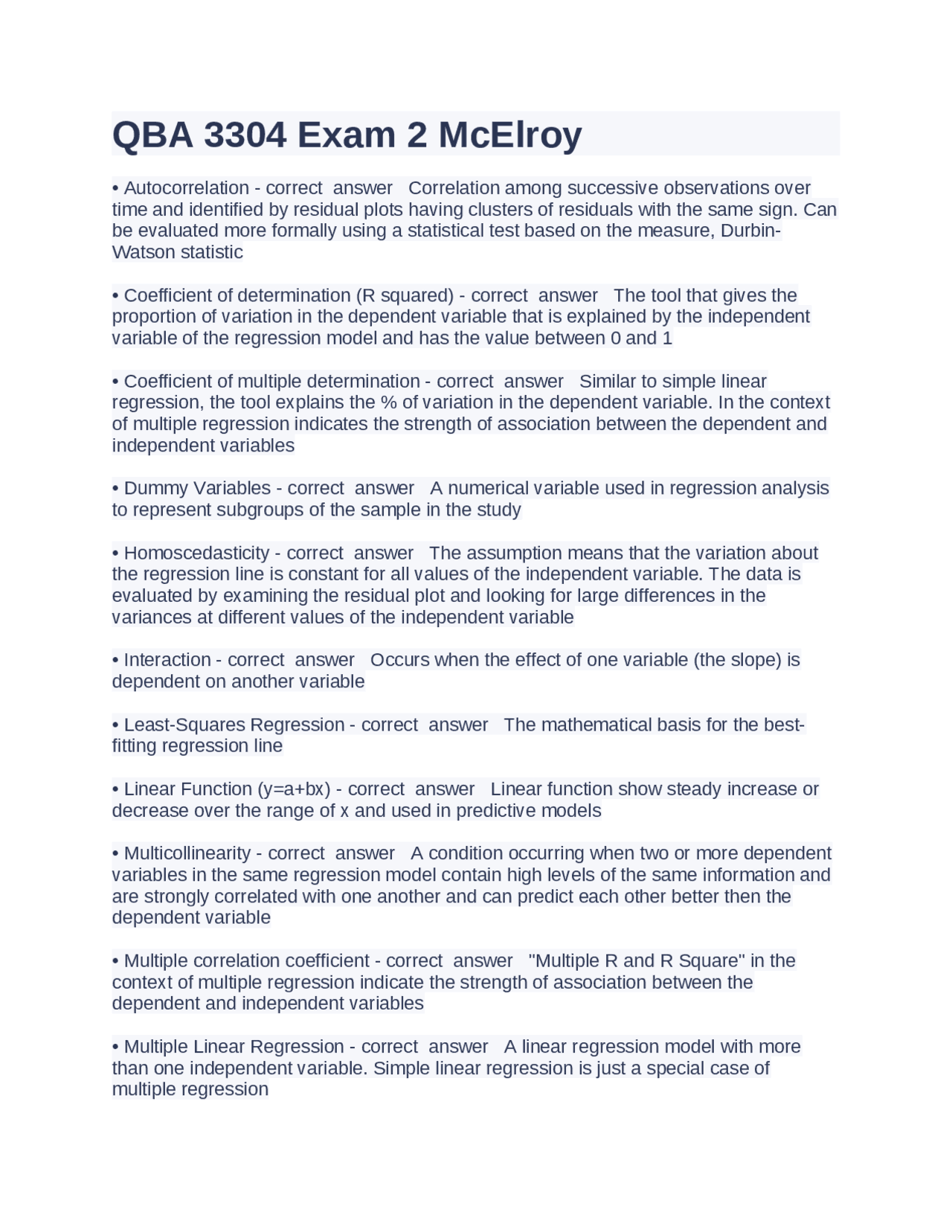 QBA 3304 Exam 2 McElroy Question and answers 100% correct | Exams ...