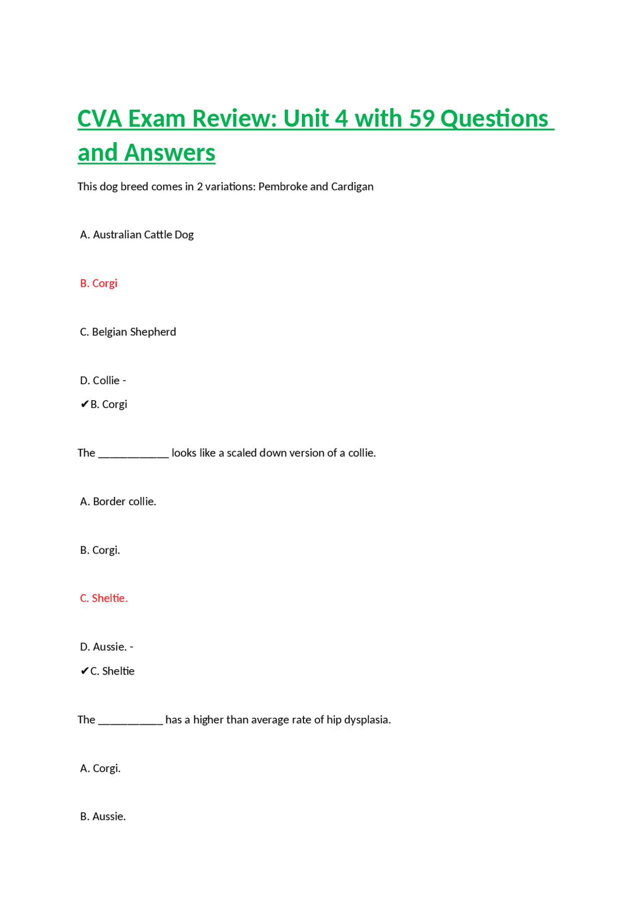 CVA Exam Review: Unit 4 with 59 Questions and Answers | Exams Medical ...