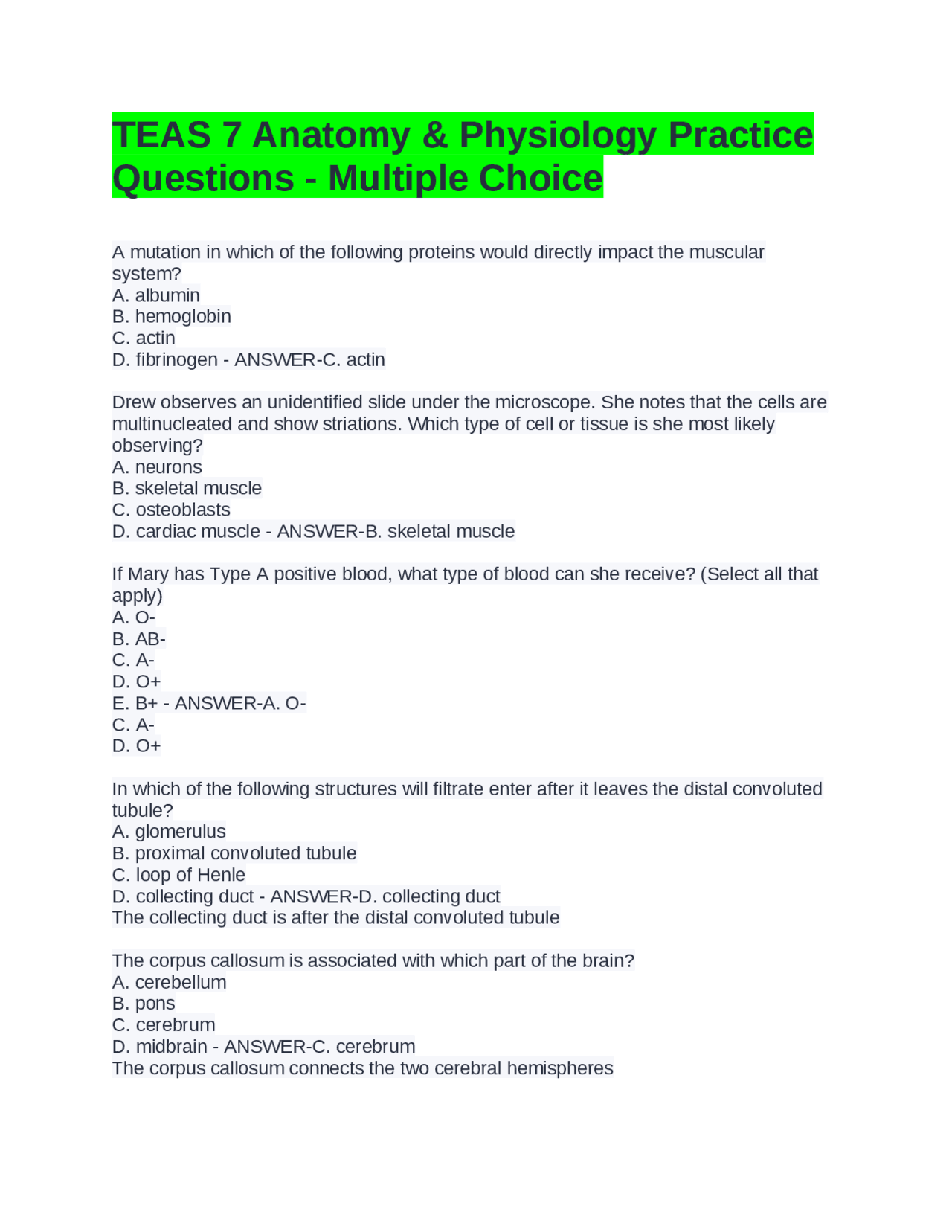 TEAS 7 Anatomy & Physiology Practice Questions | Exams Nursing | Docsity