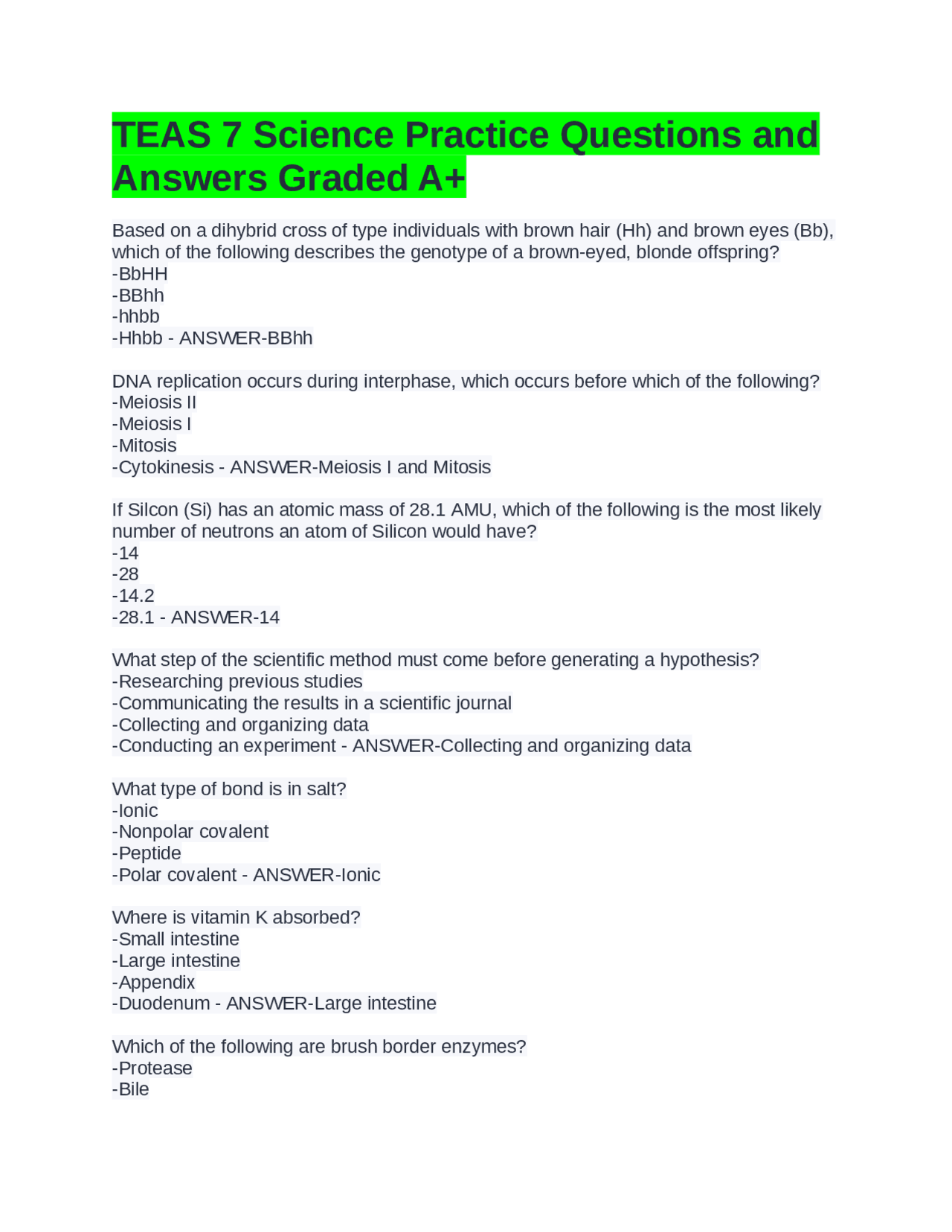 TEAS 7 Science Practice Questions and Answers | Exams Nursing | Docsity