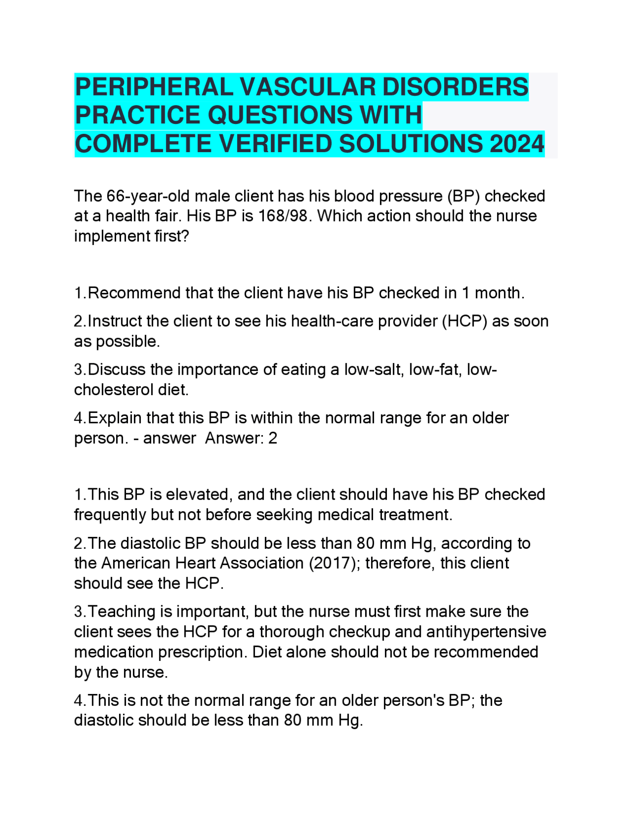 PERIPHERAL VASCULAR DISORDERS PRACTICE QUESTIONS WITH COMPLETE VERIFIED ...