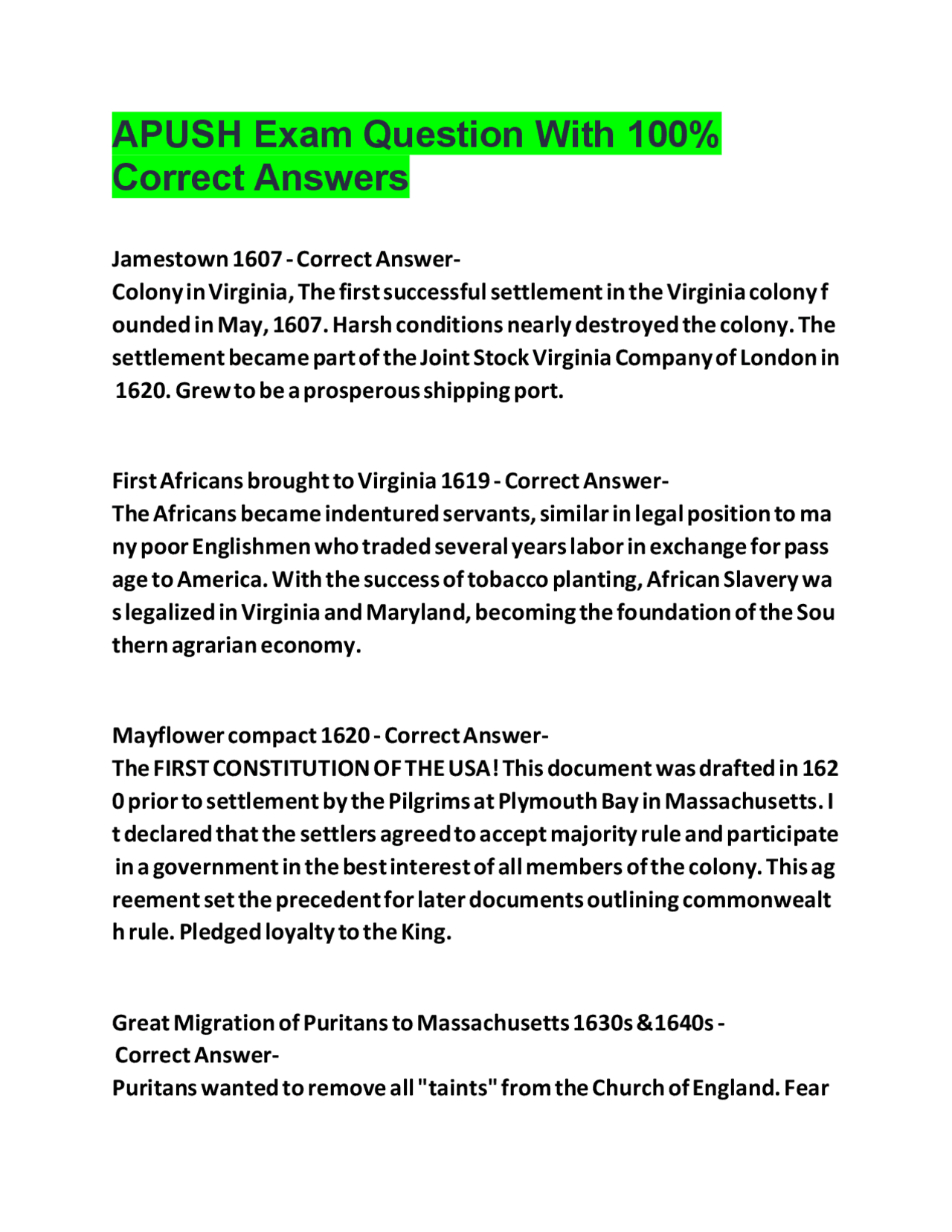 APUSH Exam Question With 100% Correct Answers | Exams Advanced ...