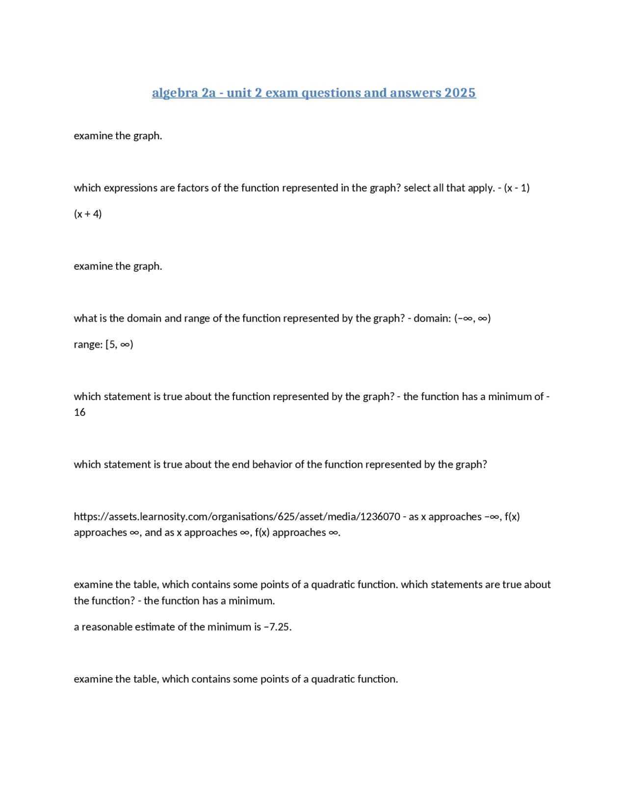 algebra 2a - unit 2 exam questions and answers 2025 | Exams Advanced ...