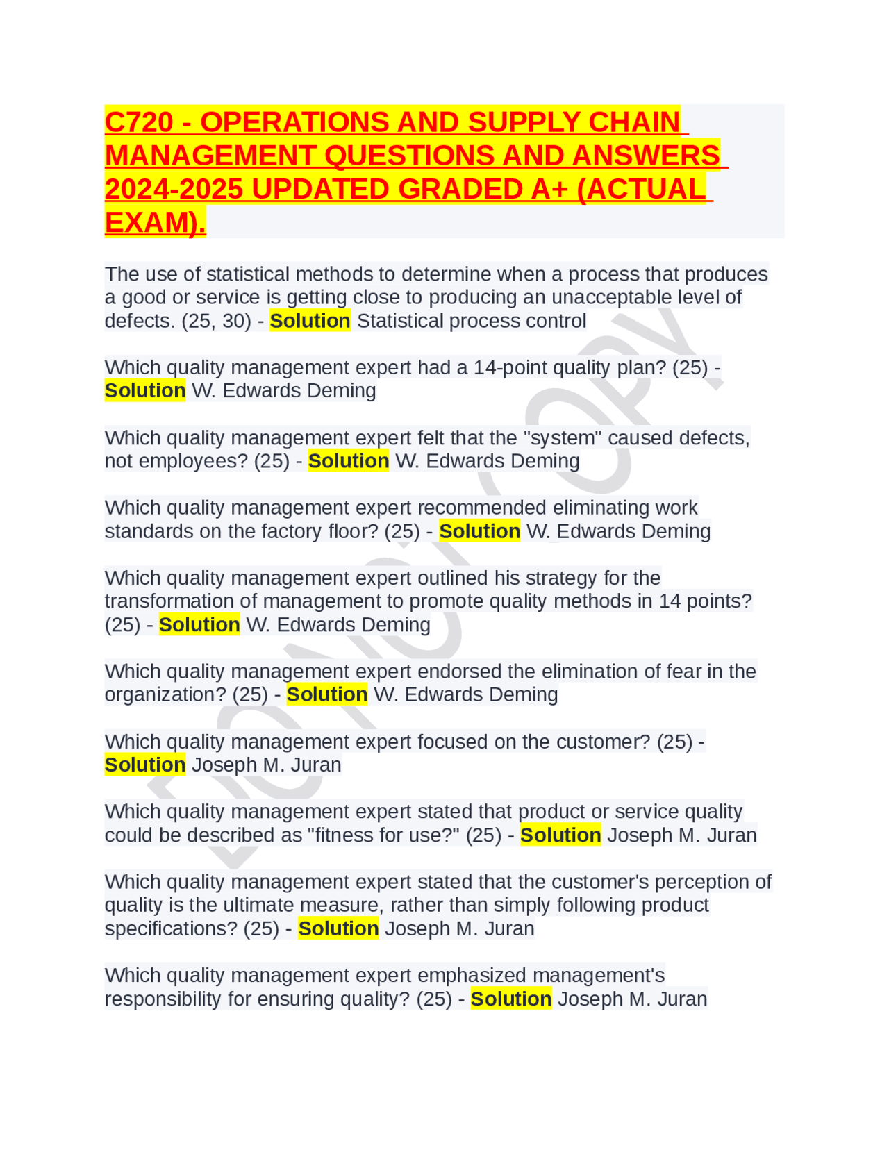 Operations and Supply Chain Management Questions and Answers | Exams Supply Management | Docsity