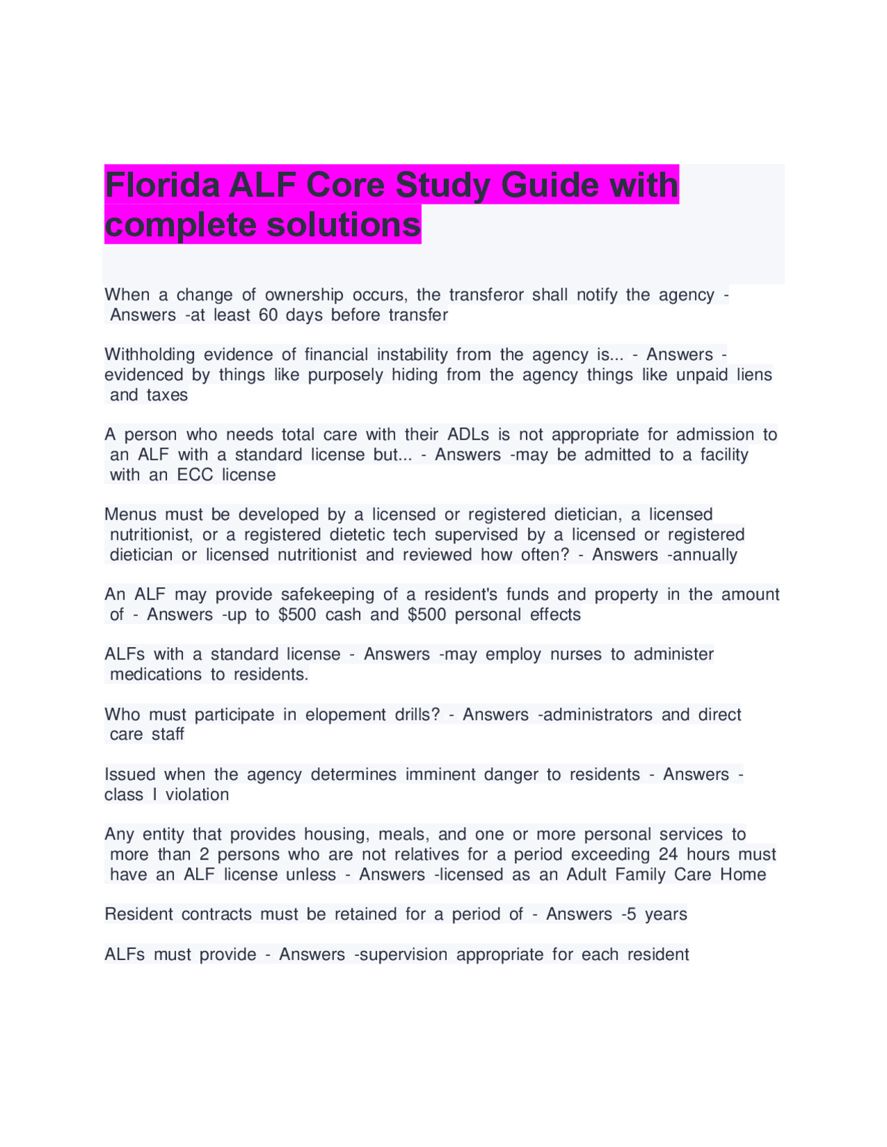 Florida ALF Core Study Guide with complete solutions | Exams Advanced ...
