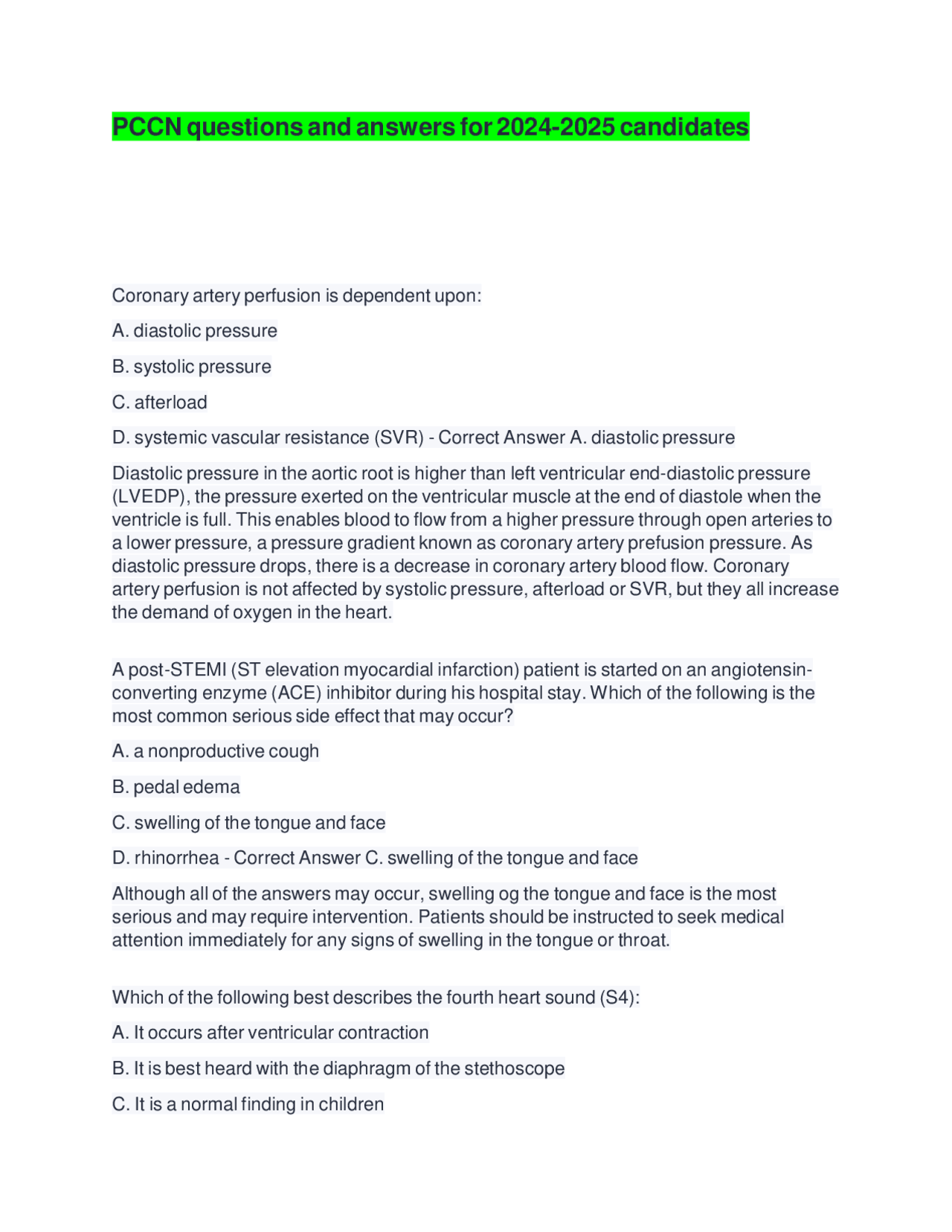 PCCN questions and answers for 2024-2025 candidates | Exams Nursing ...