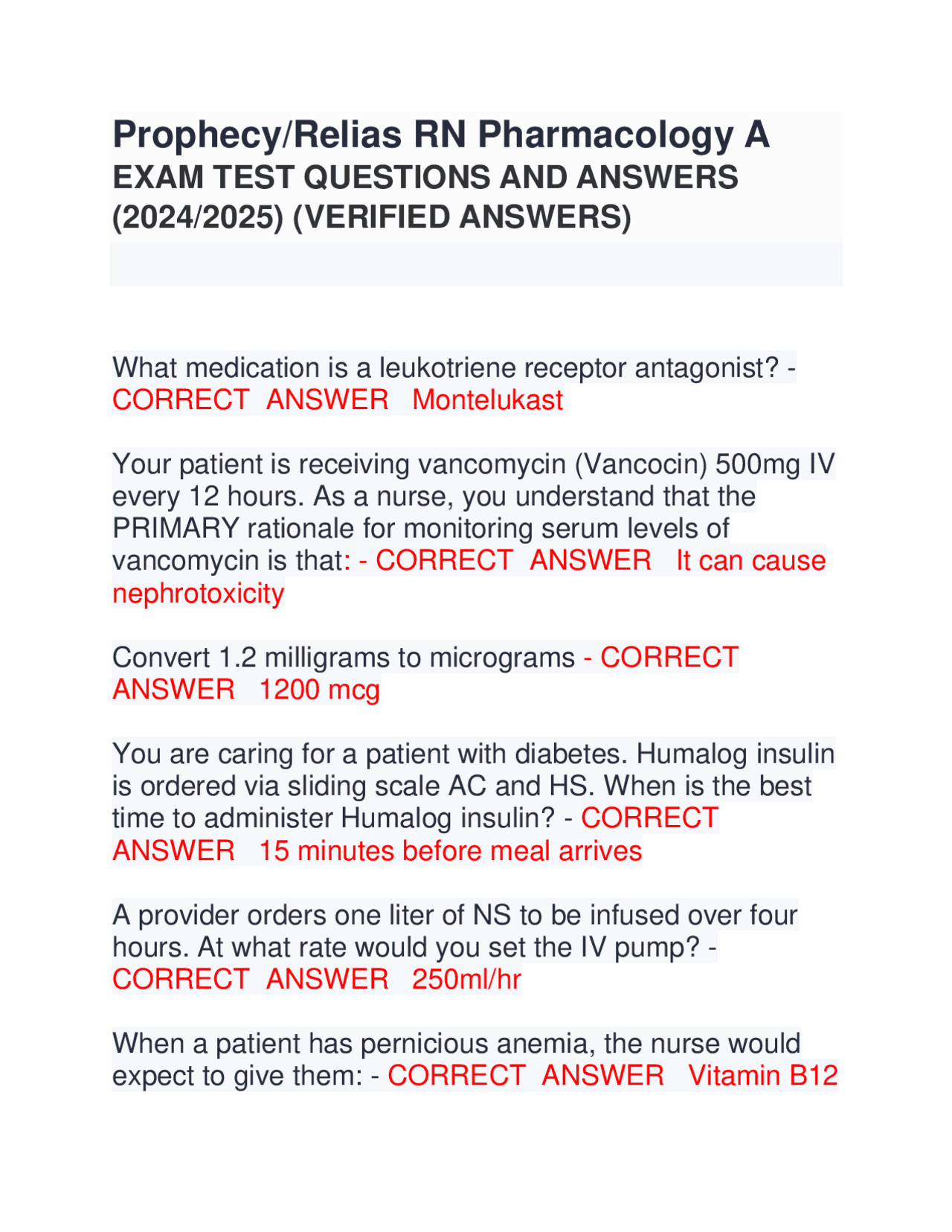 Prophecy/Relias RN Pharmacology A EXAM TEST QUESTIONS AND ANSWERS (2024 ...