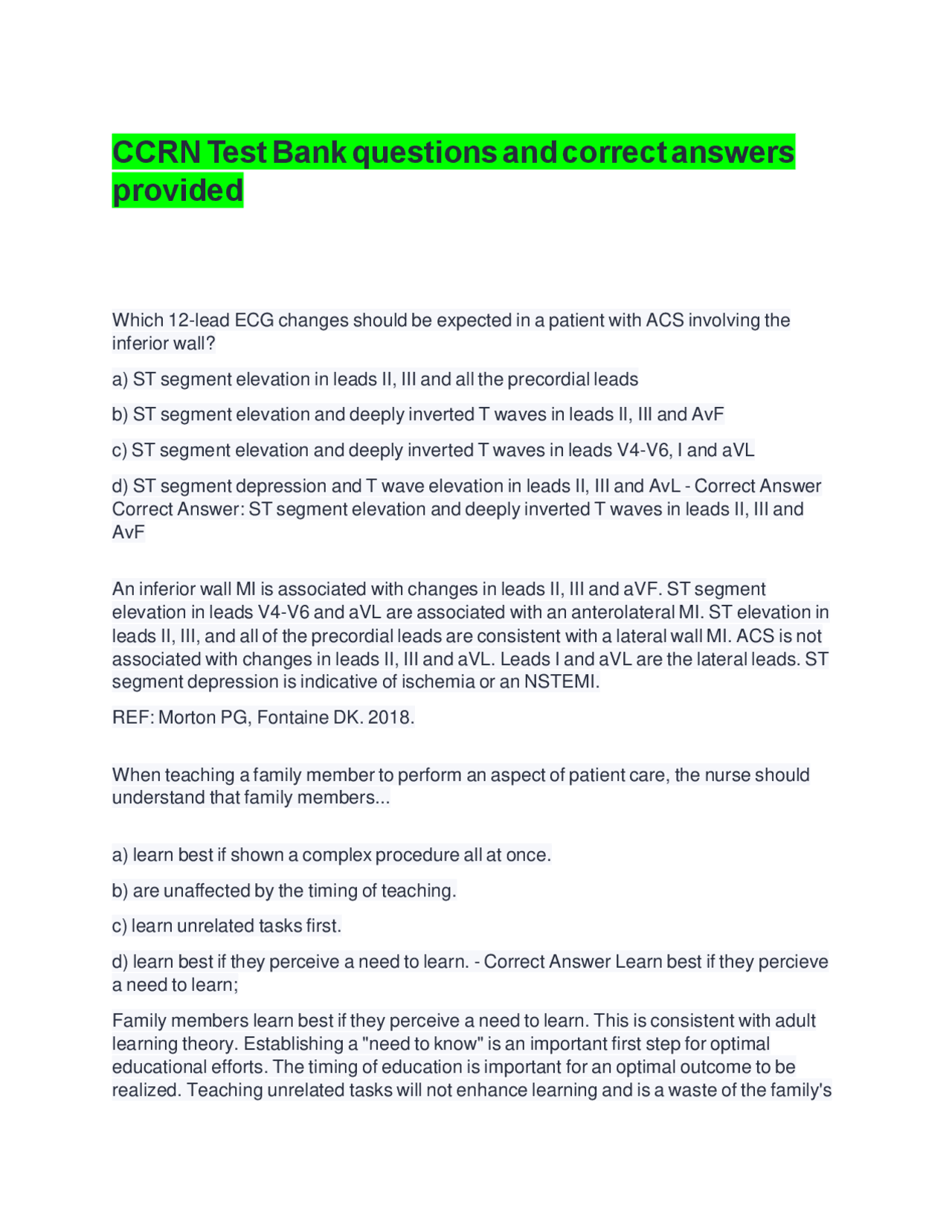 CCRN Test Bank questions and correct answers provided | Exams Nursing ...