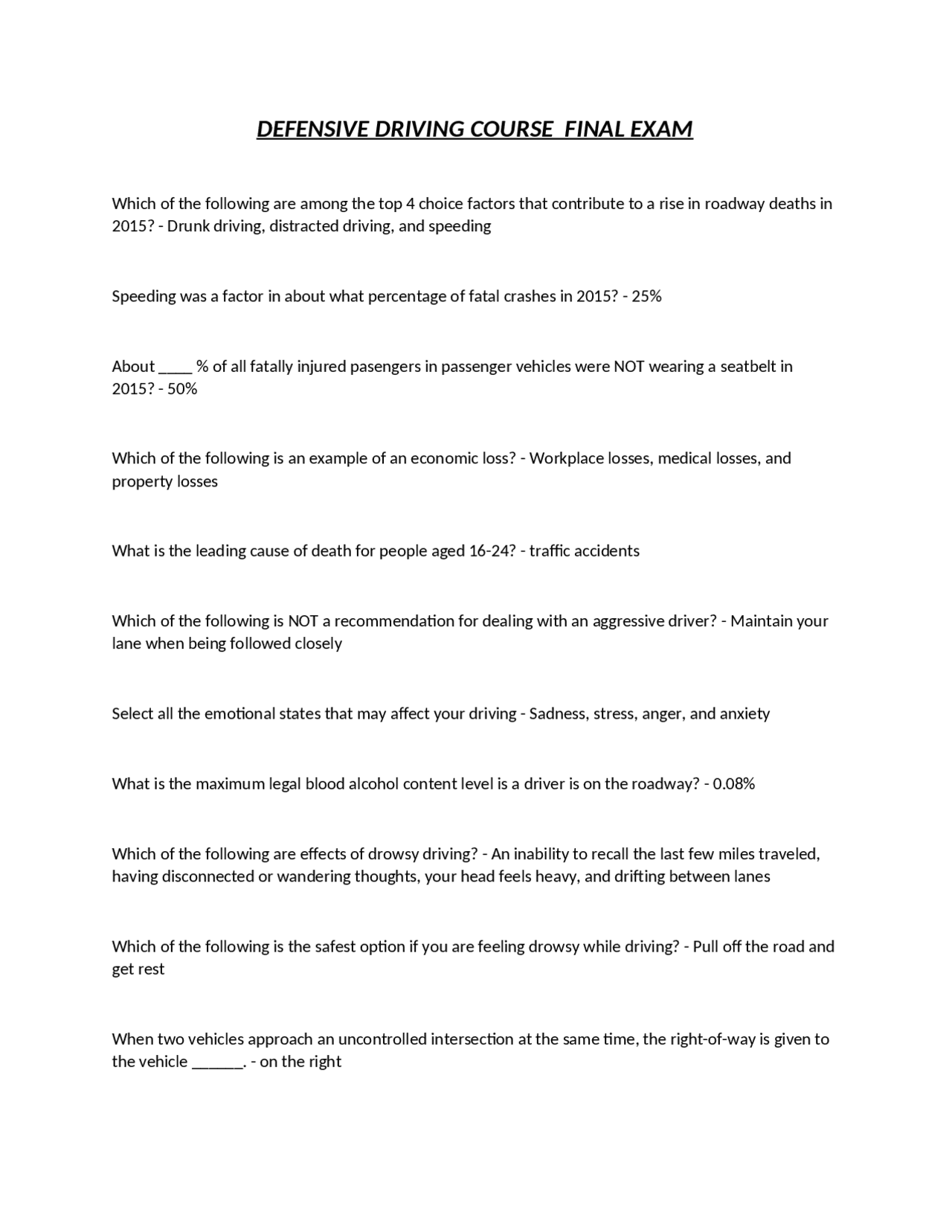 DEFENSIVE DRIVING COURSE STUDY GUIDE | Exams Advanced Education | Docsity