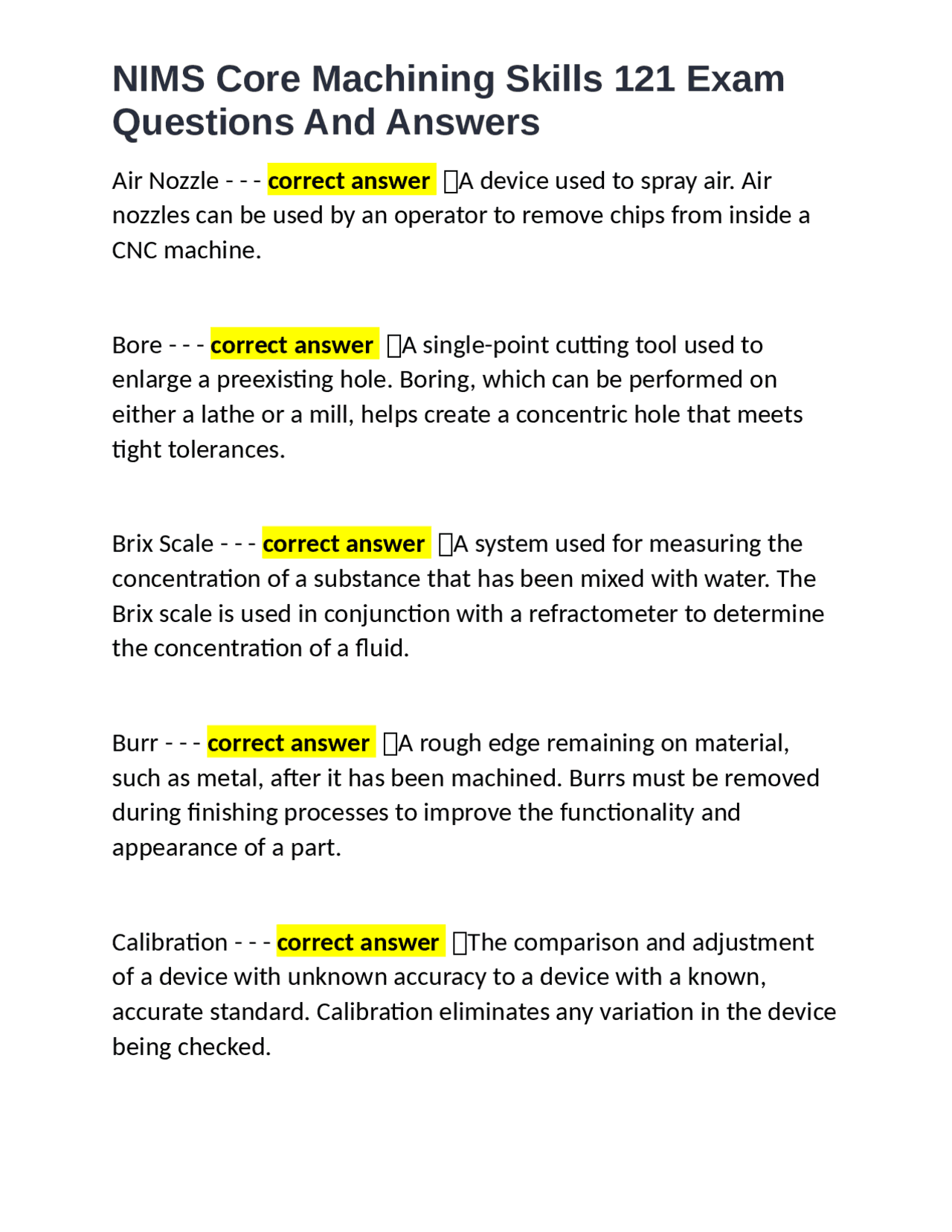 NIMS Core Machining Skills 121 Exam Questions And Answers | Exams Engineering | Docsity