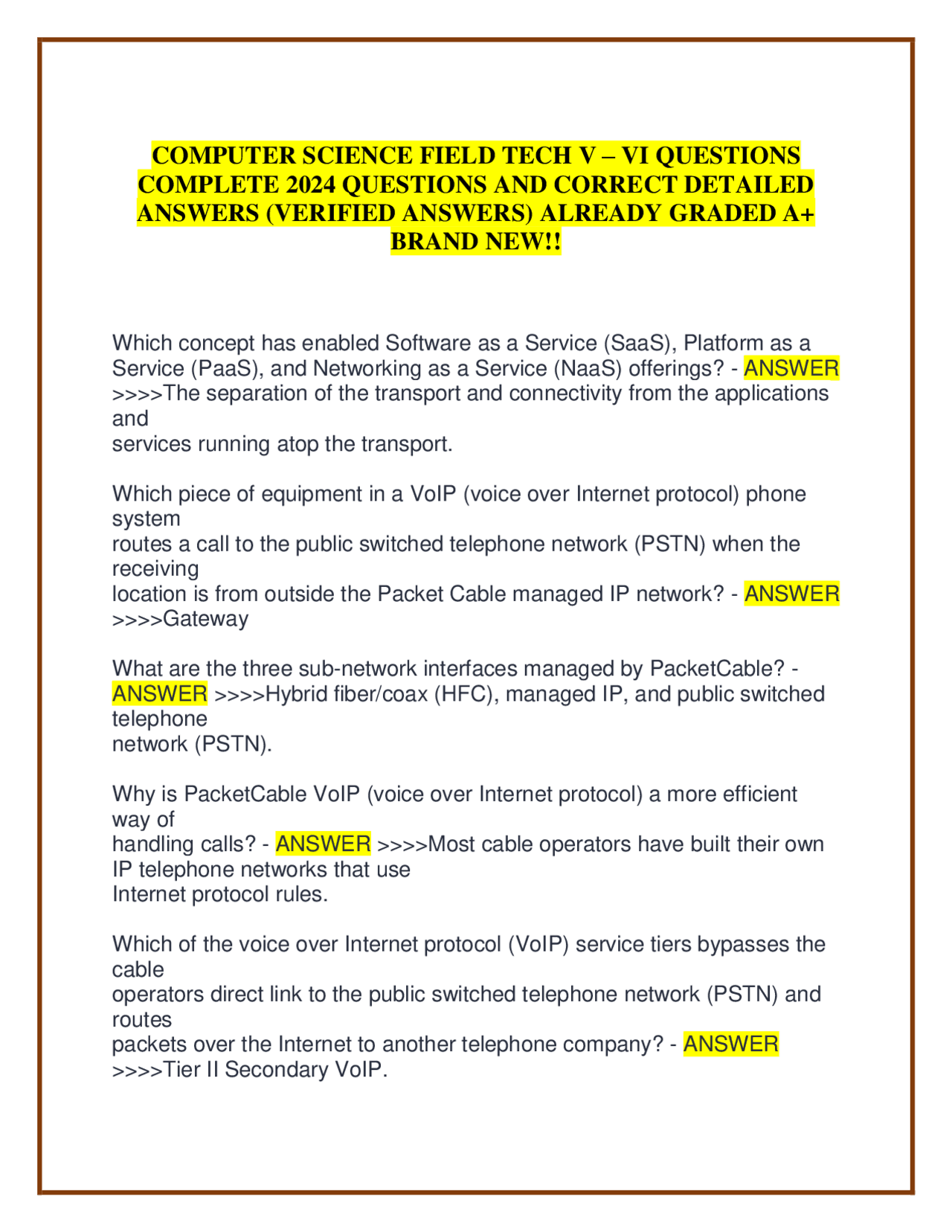 COMPUTER SCIENCE FIELD TECH V – VI QUESTIONS COMPLETE 2024 QUESTIONS AND CORRECT DETAILED ...