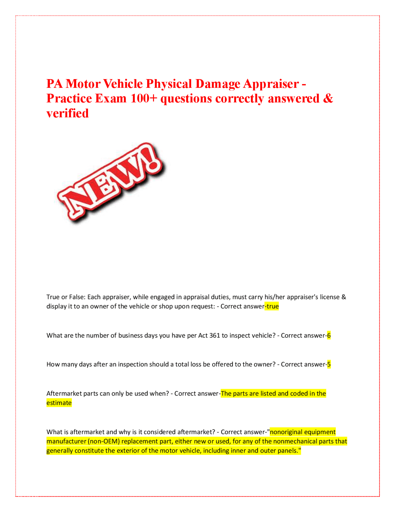 PA Motor Vehicle Physical Damage Appraiser - Practice Exam 100 ...