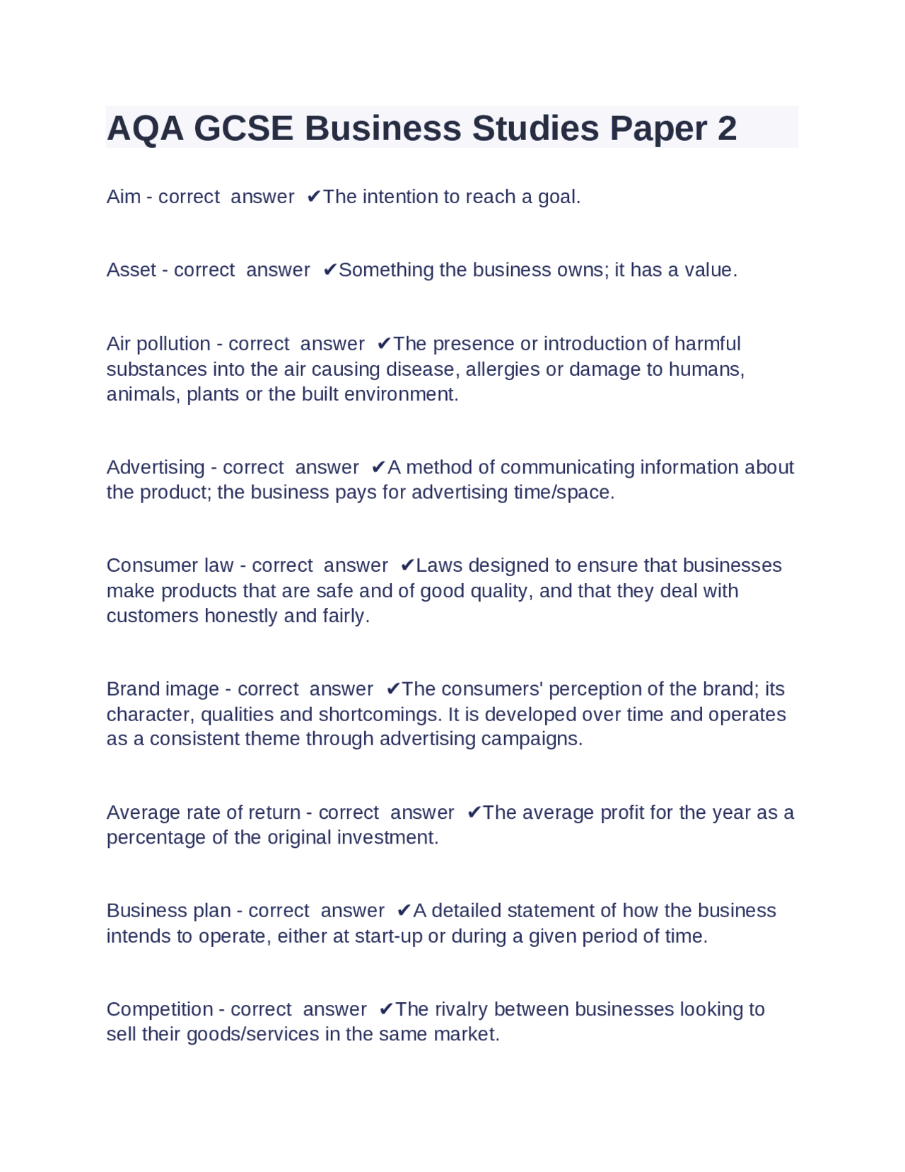 AQA GCSE Business Studies Paper 2 Question and answers correctly solved ...
