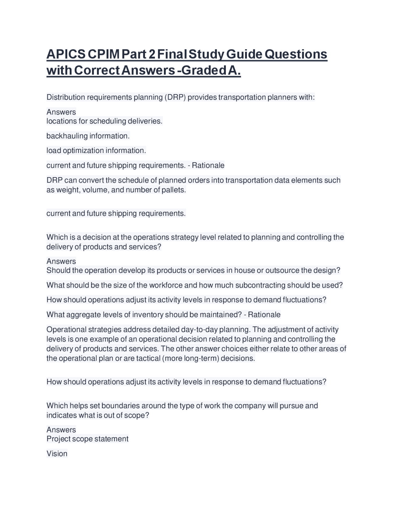 APICS CPIM Part 2 Final Study Guide Questions with Correct Answers -Graded A. | Exams Marketing ...