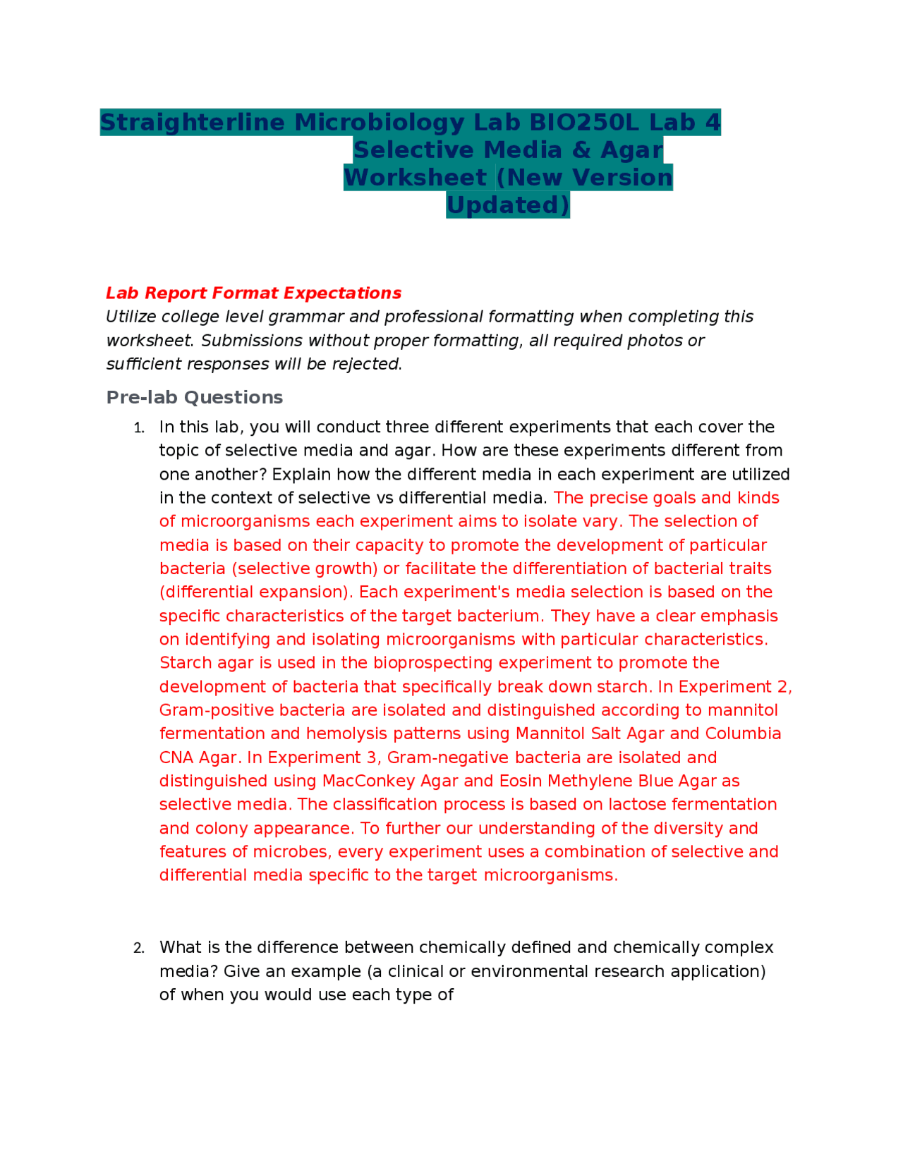 Straighterline Microbiology Lab BIO250L Lab 4 Selective Media & Agar ...