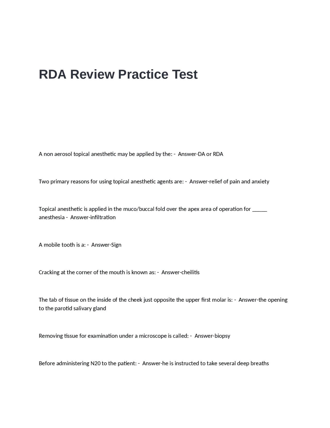RDA Review Practice Test Questions and Answers | Exams Nursing | Docsity
