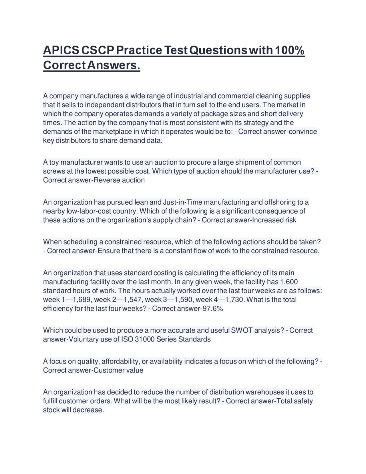 APICS CSCP Practice Test Questions with 100% Correct Answers. | Exams ...