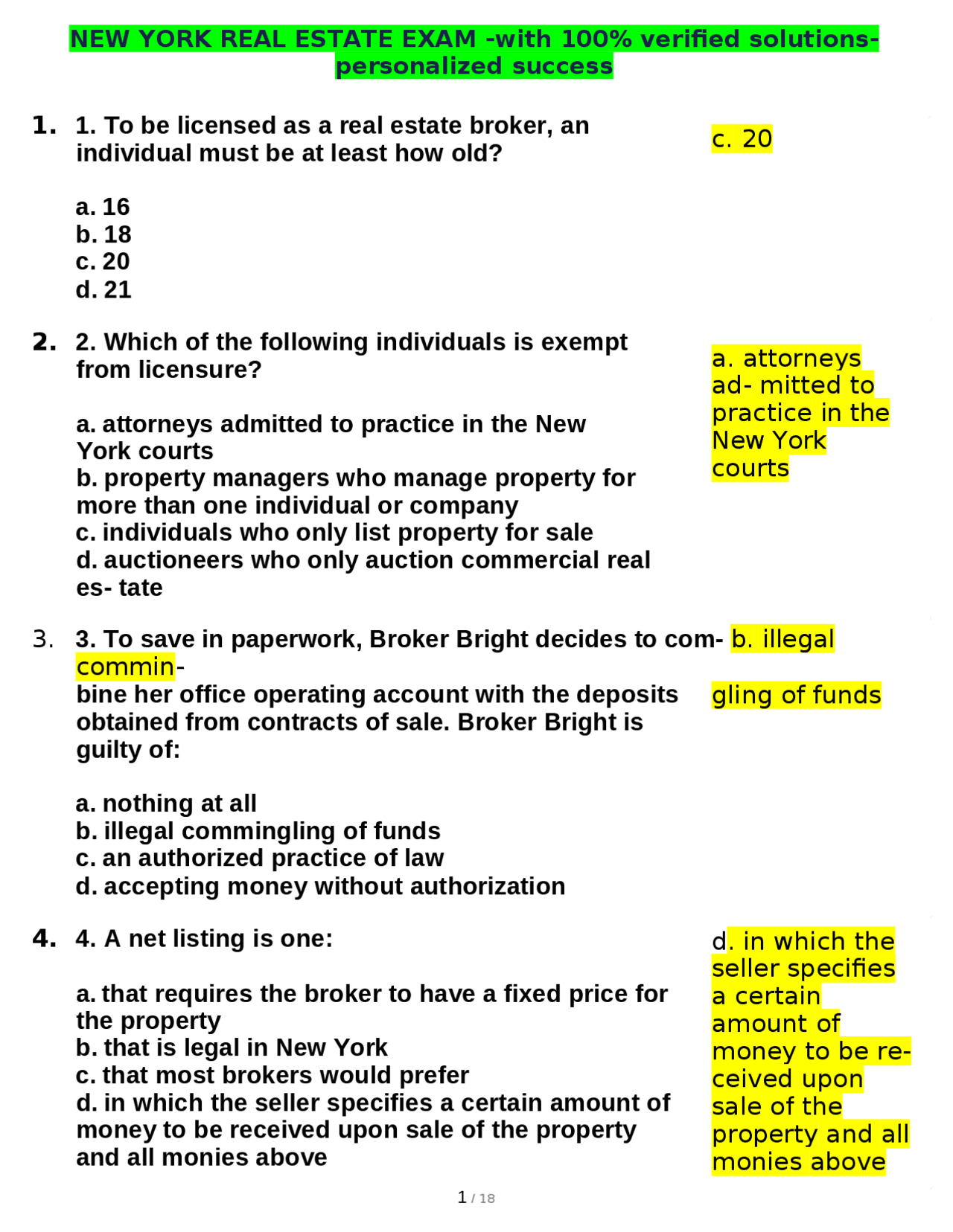 NEW YORK REAL ESTATE EXAM -with 100% verified solutions-personalized ...