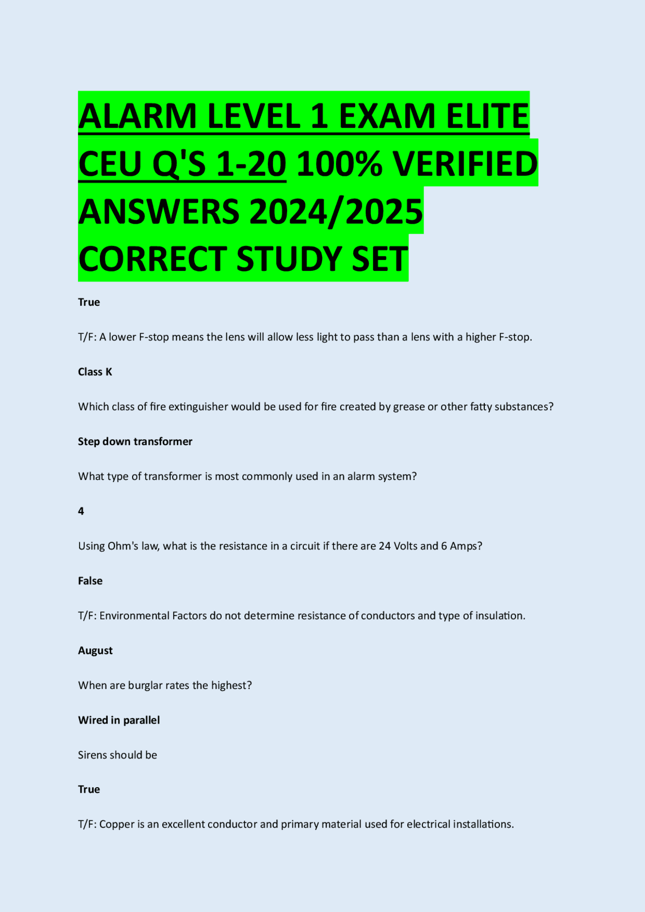 ALARM LEVEL 1 EXAM ELITE CEU Q'S 1-20 100% VERIFIED ANSWERS 2024/2025 ...