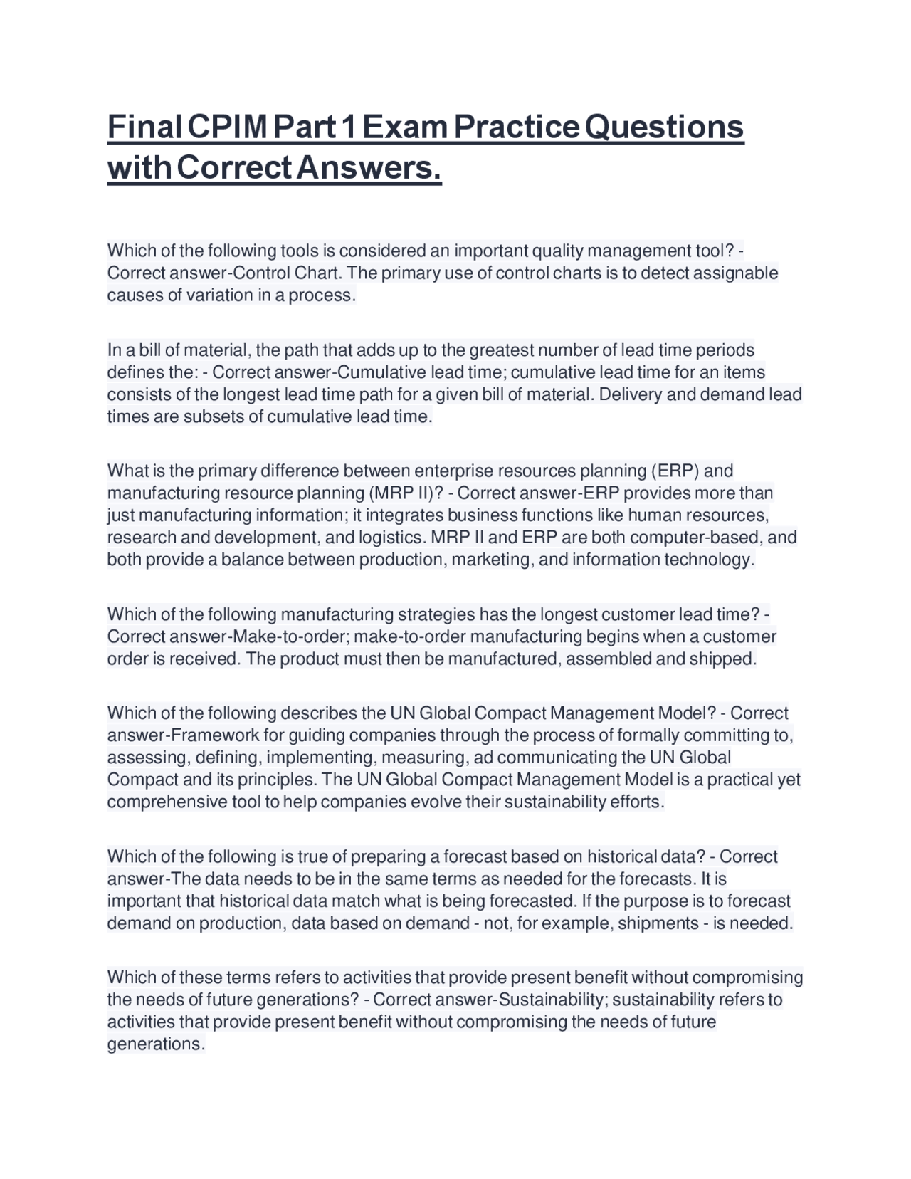 Final CPIM Part 1 Exam Practice Questions with Correct Answers. | Exams ...