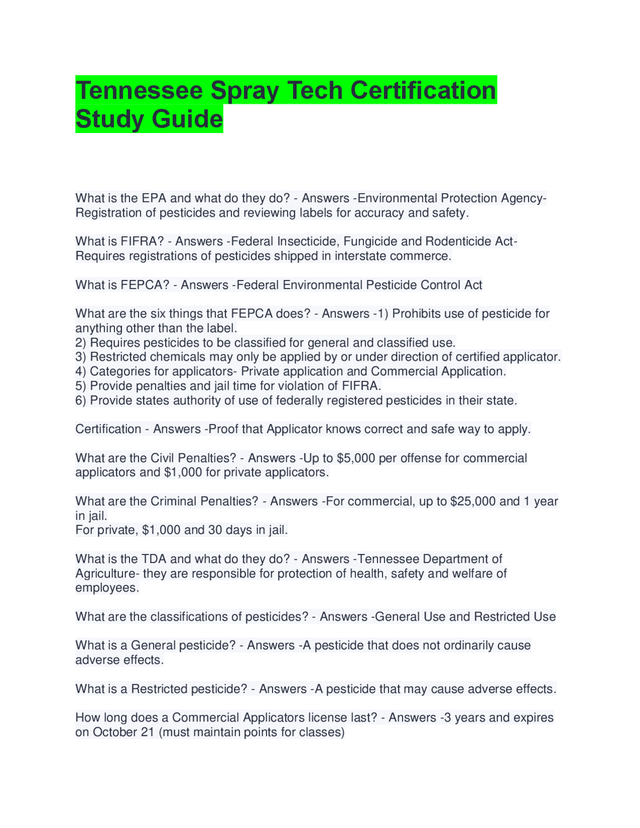 Tennessee Spray Tech Certification Study Guide | Exams Advanced ...