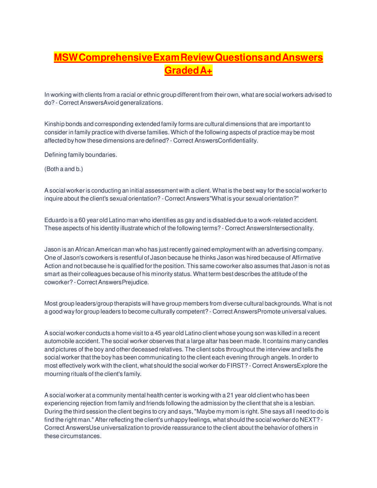MSW Comprehensive Exam Review Questions and Answers Graded A+ | Exams ...