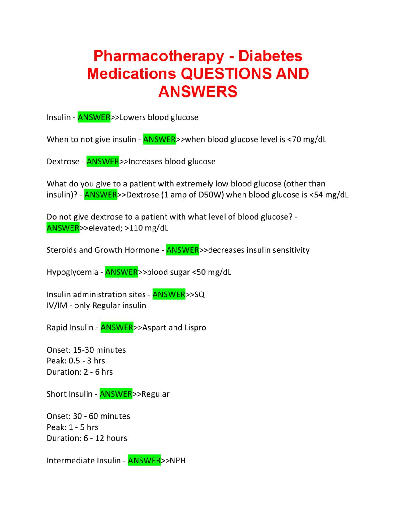 Pharmacotherapy - Diabetes Medications QUESTIONS AND ANSWERS | Exams ...