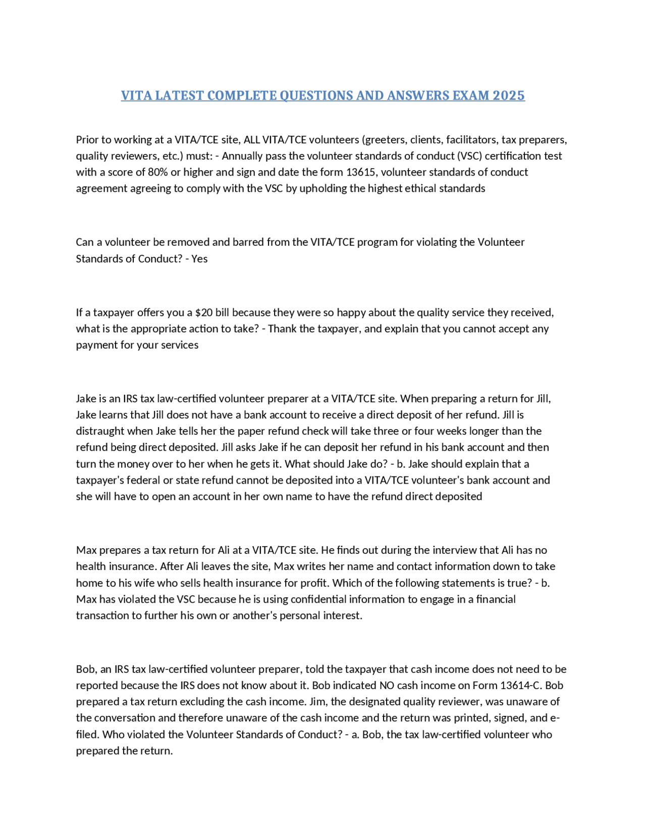 VITA LATEST COMPLETE QUESTIONS AND ANSWERS EXAM 2025 | Exams Advanced ...