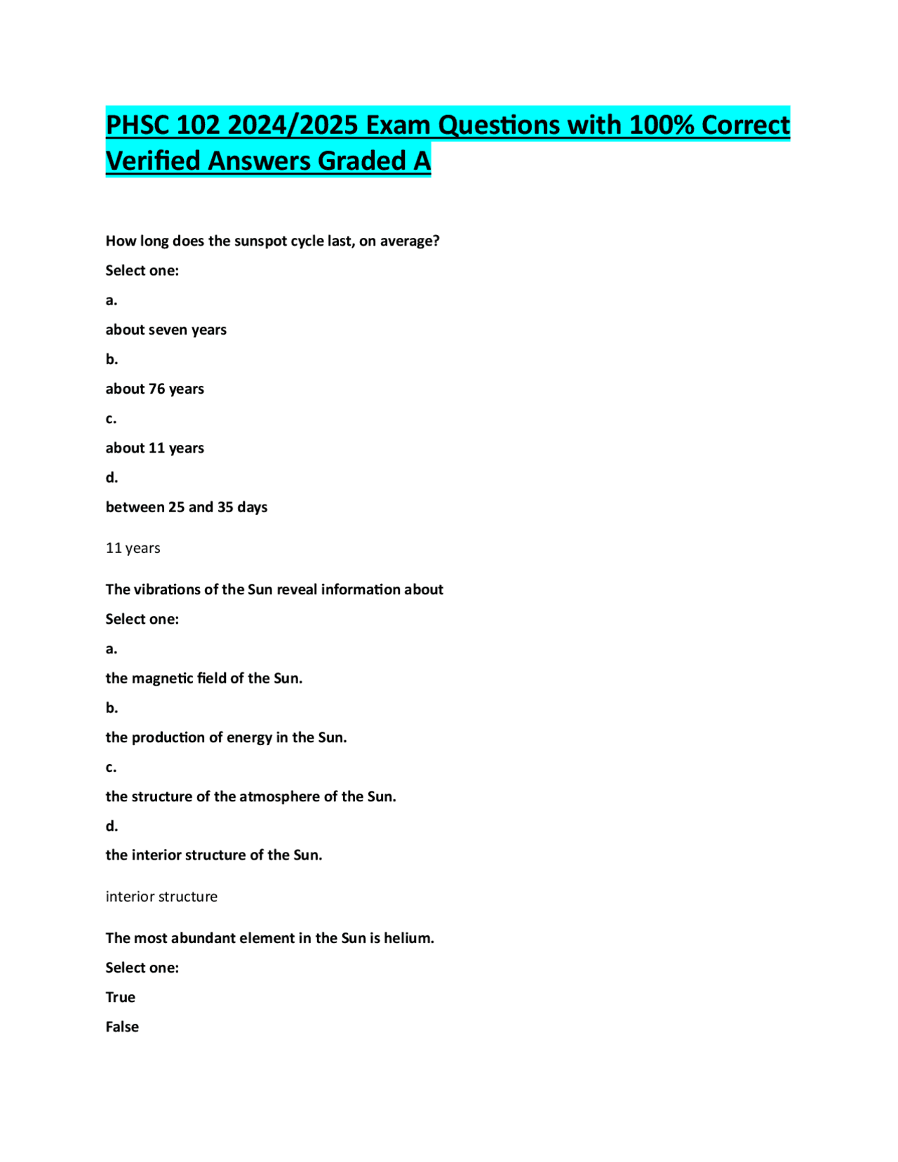 PHSC 102 2024/2025 Exam Questions with 100% Correct Verified Answers ...