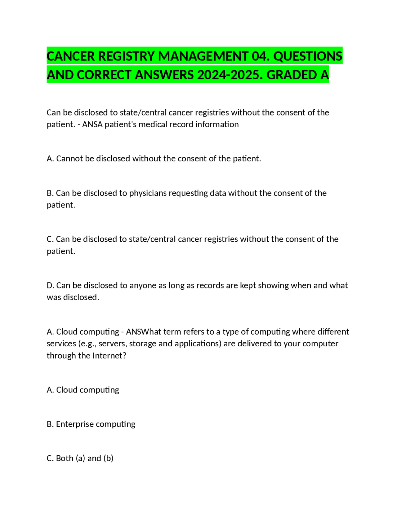 CANCER REGISTRY MANAGEMENT 04. QUESTIONS AND CORRECT ANSWERS 2024-2025 ...