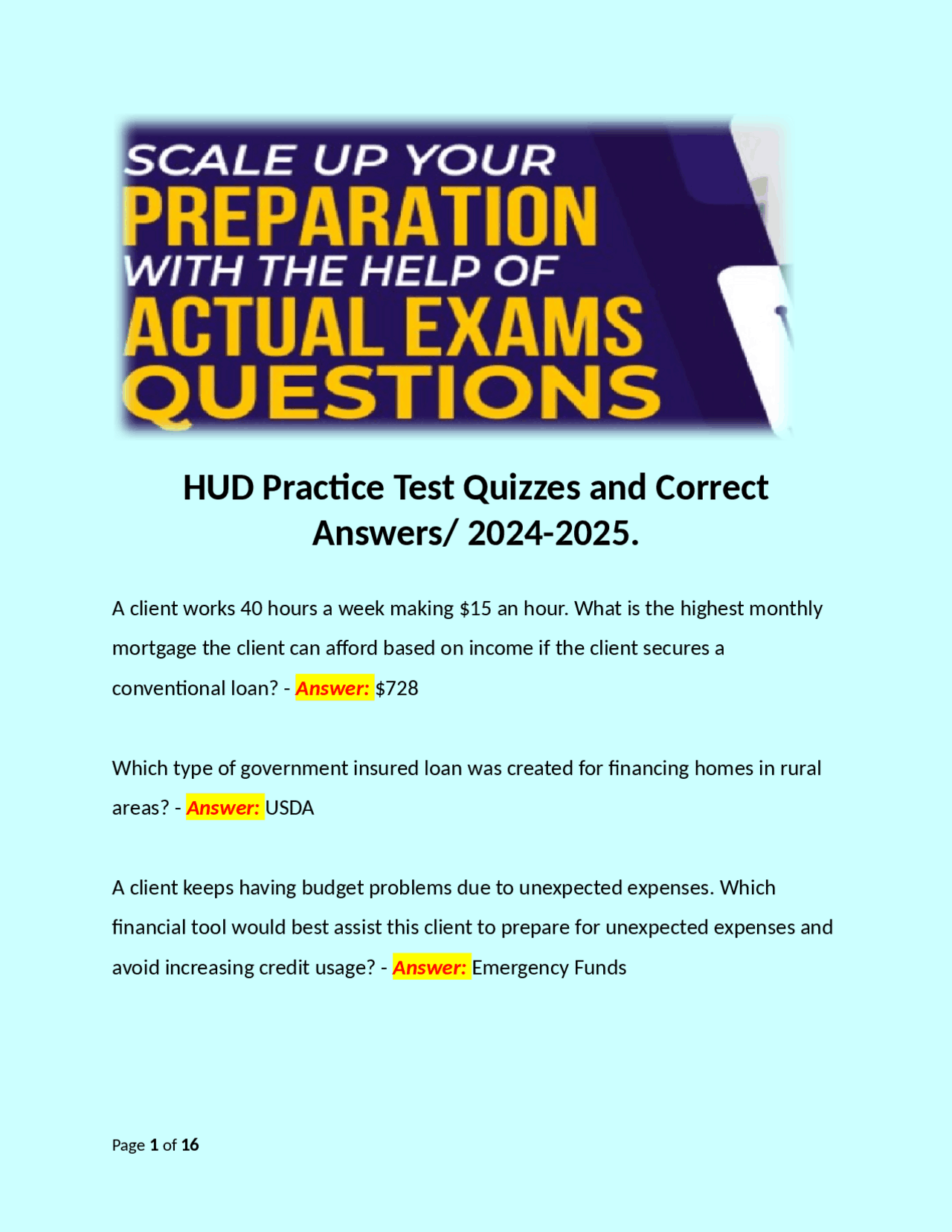 HUD Practice Test Quizzes and Correct Answers/ 2024-2025. | Exams ...