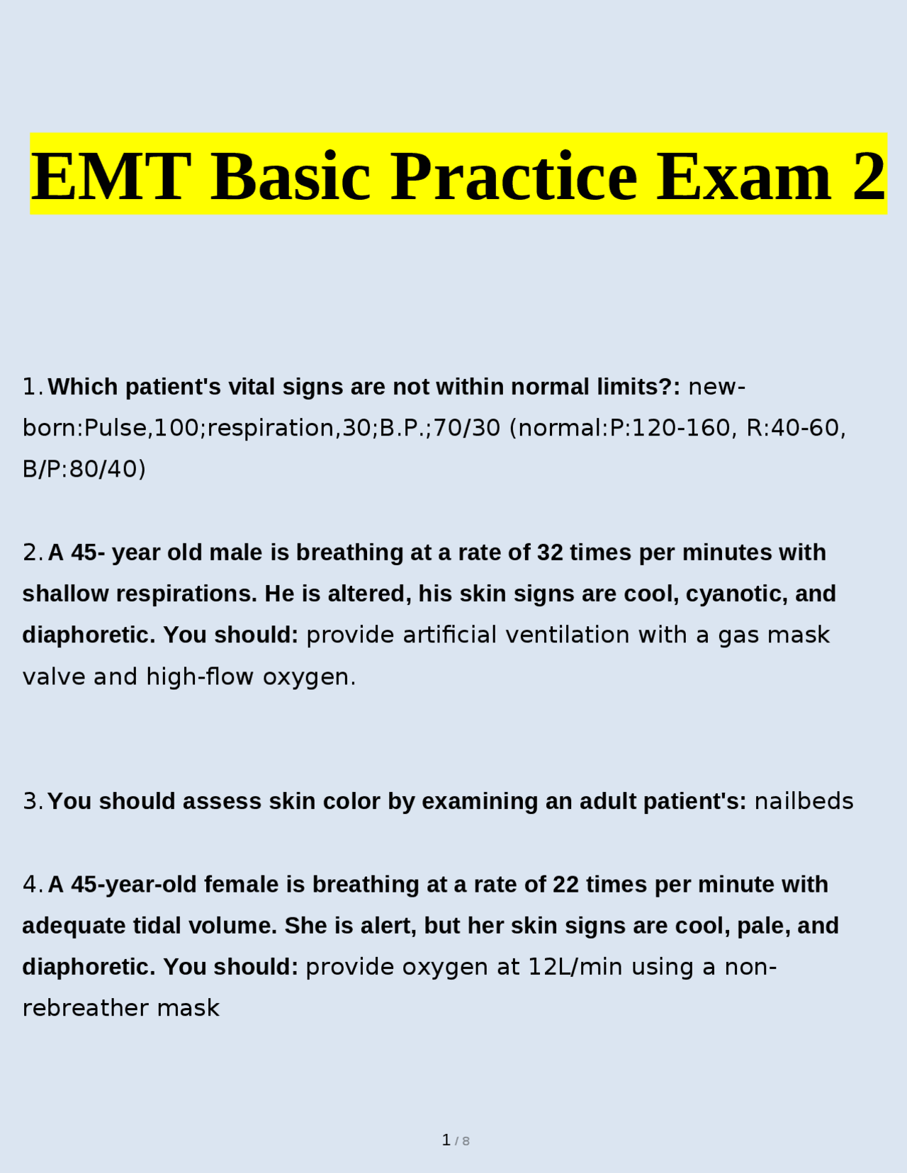 EMT Basic Practice Exam 2: Multiple Choice Questions and Answers | Exams Medicine | Docsity