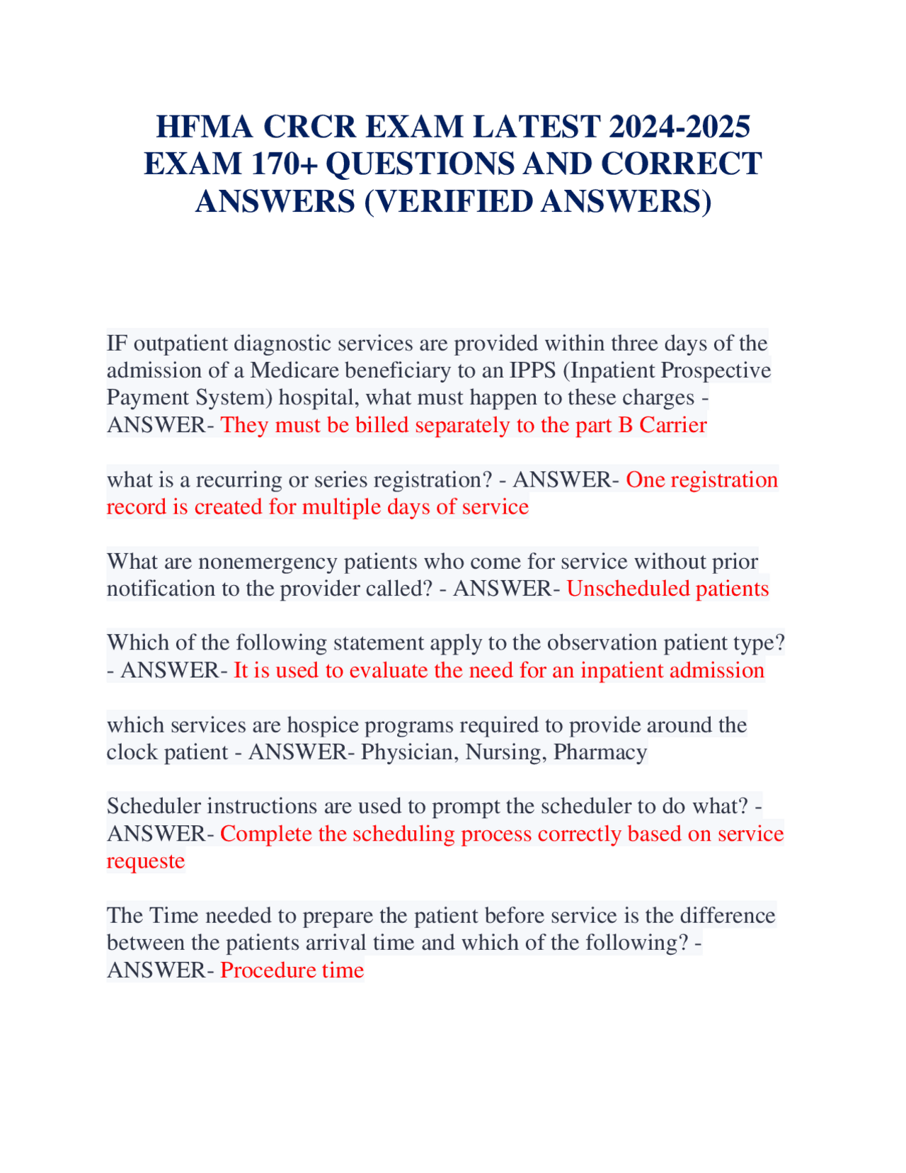 HFMA CRCR EXAM LATEST 2024-2025 EXAM 170+ QUESTIONS AND CORRECT ANSWERS ...