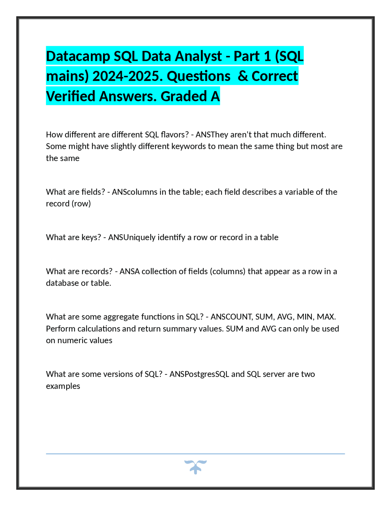 Datacamp SQL Data Analyst - Part 1 (SQL mains) 2024-2025. Questions & Verified Answers | Exams ...