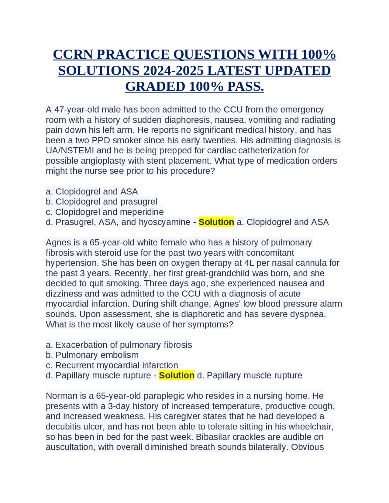 CCRN PRACTICE QUESTIONS WITH 100% SOLUTIONS 2024-2025 LATEST UPDATED ...