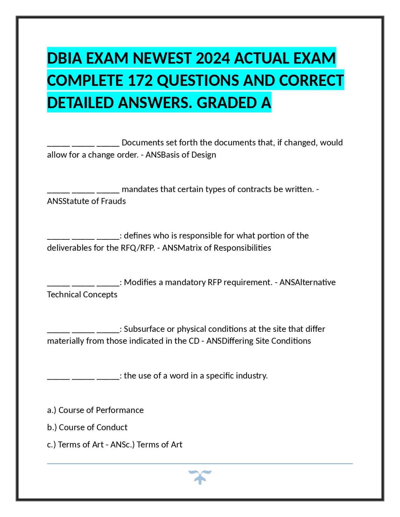 DBIA EXAM NEWEST 2024 ACTUAL EXAM COMPLETE 172 QUESTIONS AND CORRECT DETAILED ANSWERS. | Exams ...