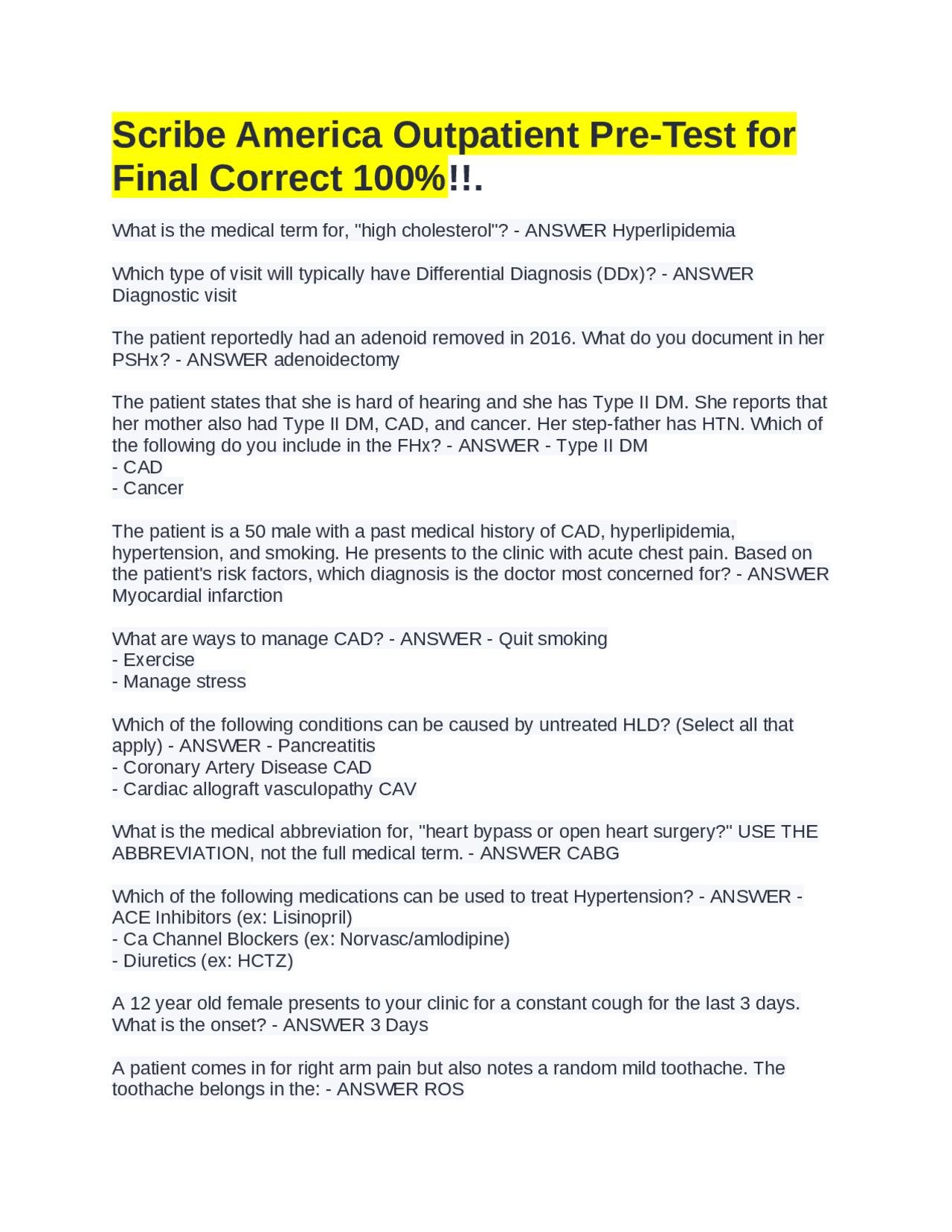 Scribe America Outpatient Pre-Test for Final Correct 100%!!. | Exams ...