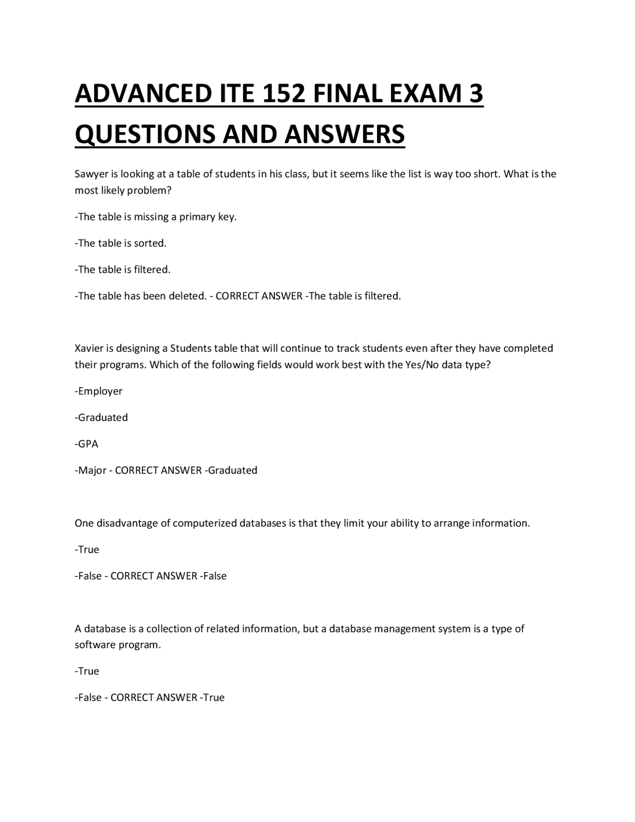 ADVANCED ITE 152 FINAL EXAM 3 QUESTIONS AND ANSWERS | Exams Advanced ...