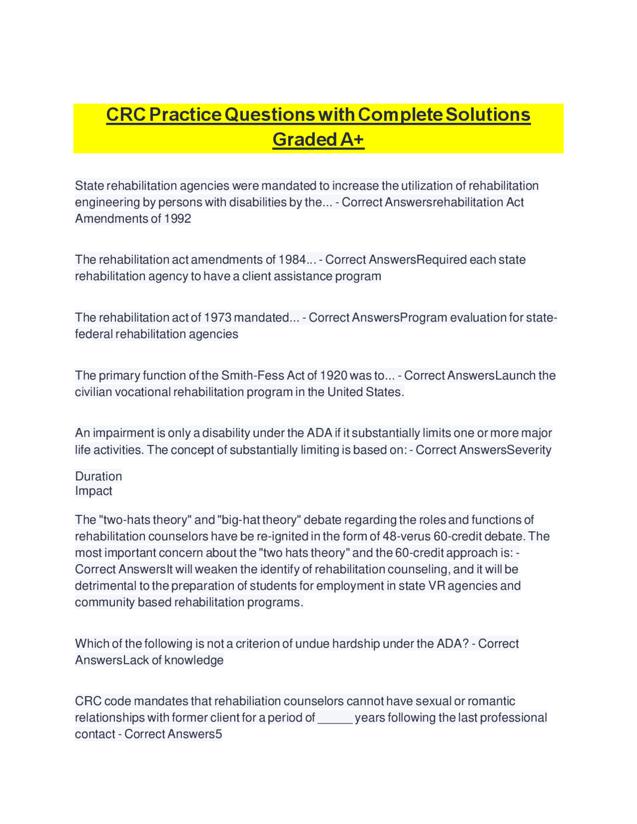 CRC Practice Questions with Complete Solutions Graded A+ | Exams ...