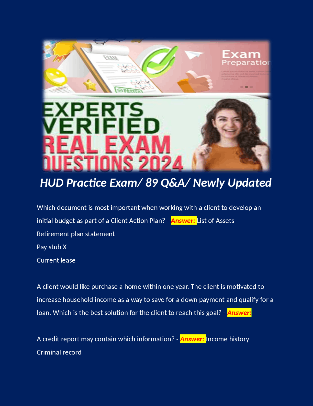HUD Practice Exam/ 89 Q&A/ Newly Updated | Exams Nursing | Docsity